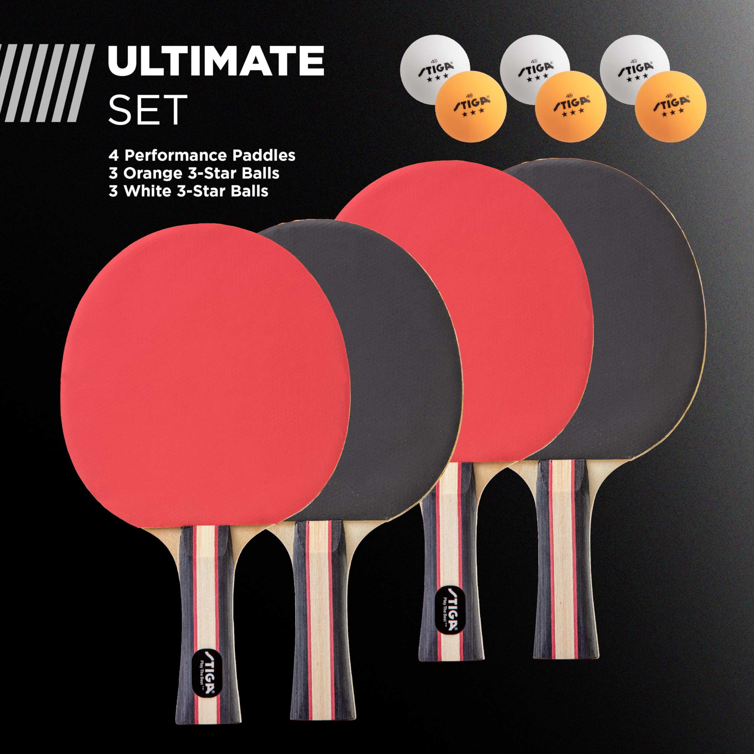 STIGA Performance 4 Player Ping Pong Paddle Set of 4 β Table Tennis Rackets, 6 β 3 Star Orange and White Balls