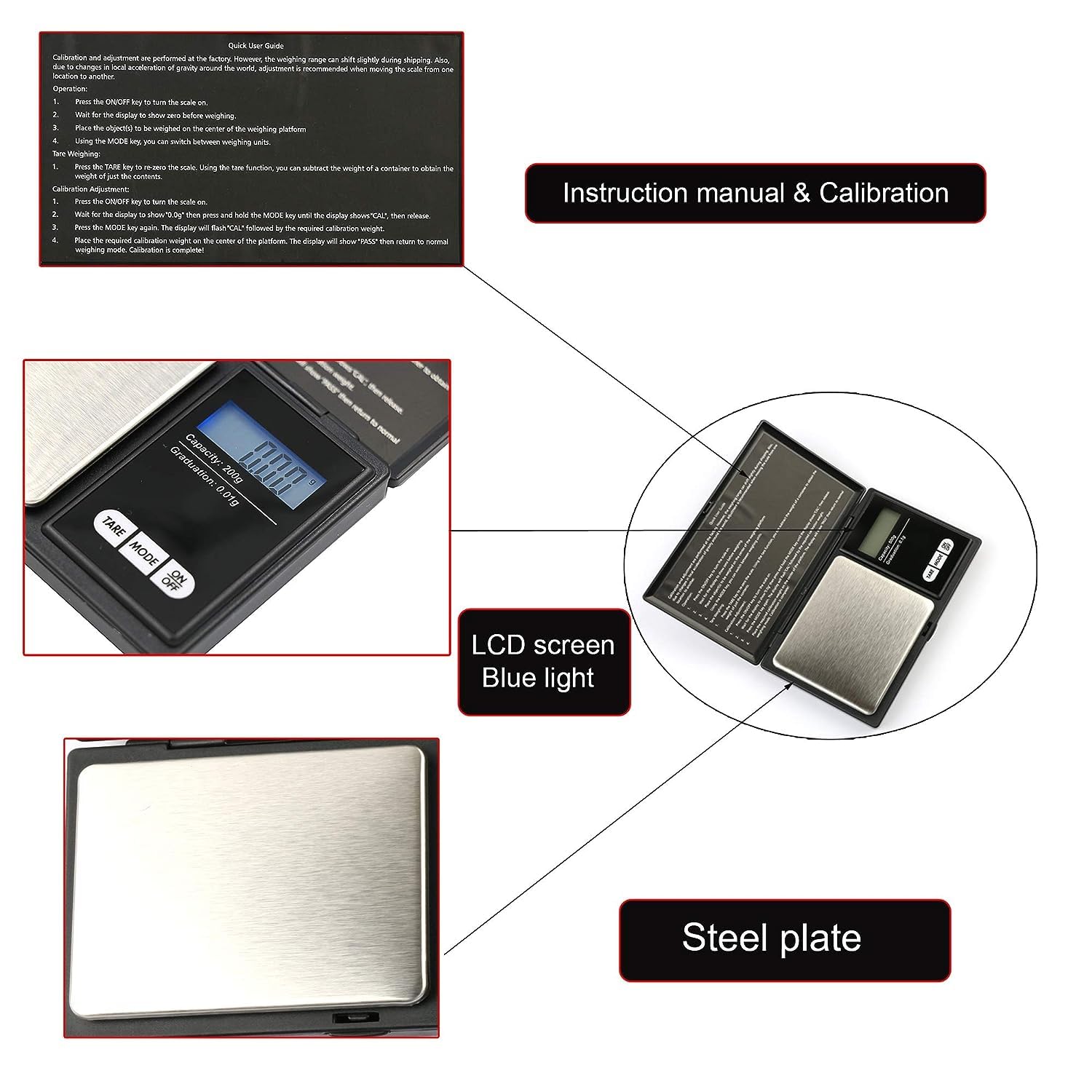 Pocket Scale, High Precision, LCD, Digital Pocket Gram Scale, Kitchen, Jewelry, Electronic Scale, 200g x 0.01g, Stainless Steel, Auto Power Off, Accuracy 0.01g