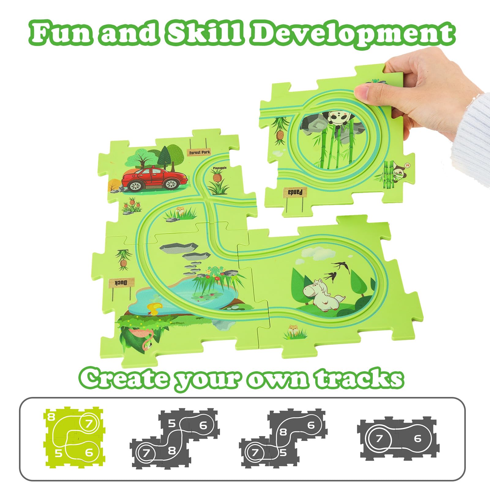 Puzzle Track Car Play Set - DIY Car Tracks Children's Educational Puzzle Board with Electric Vehicle Toy for Toddler Boys Kids Gift (Forest-5pcs)
