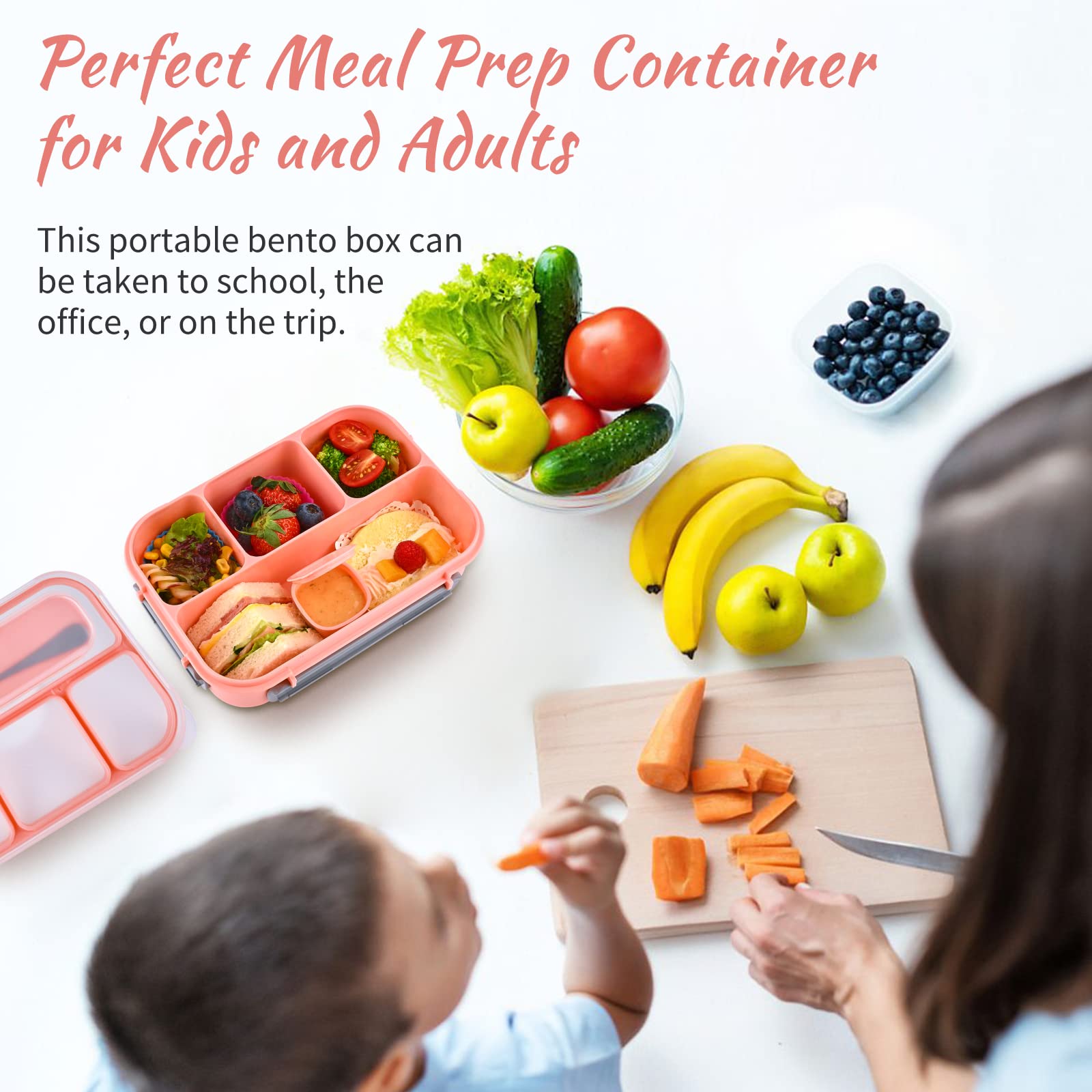 Zezzxu Bento Lunch Box for Kids and Adults, 1300 ML 4-Compartment Bento Box with Accessories, Plastic Lunch Containers Kit, Microwave & Dishwasher & Freezer Safe (Pink)