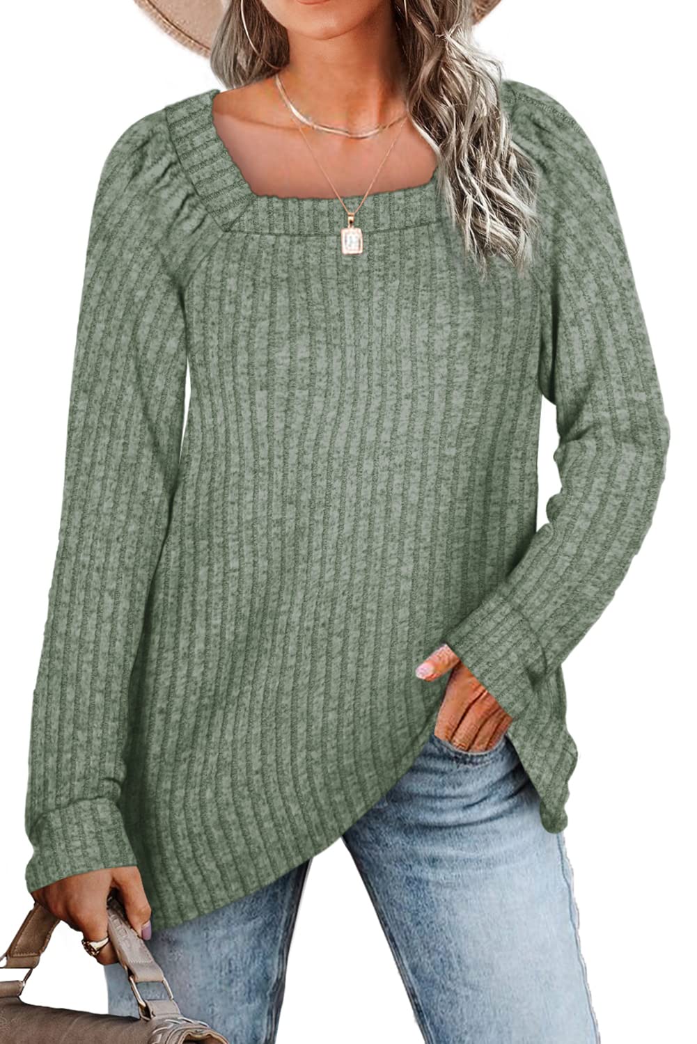 WIHOLL Tunic Sweaters for Women Loose Fit Fall Sweatshirts Grey Green M