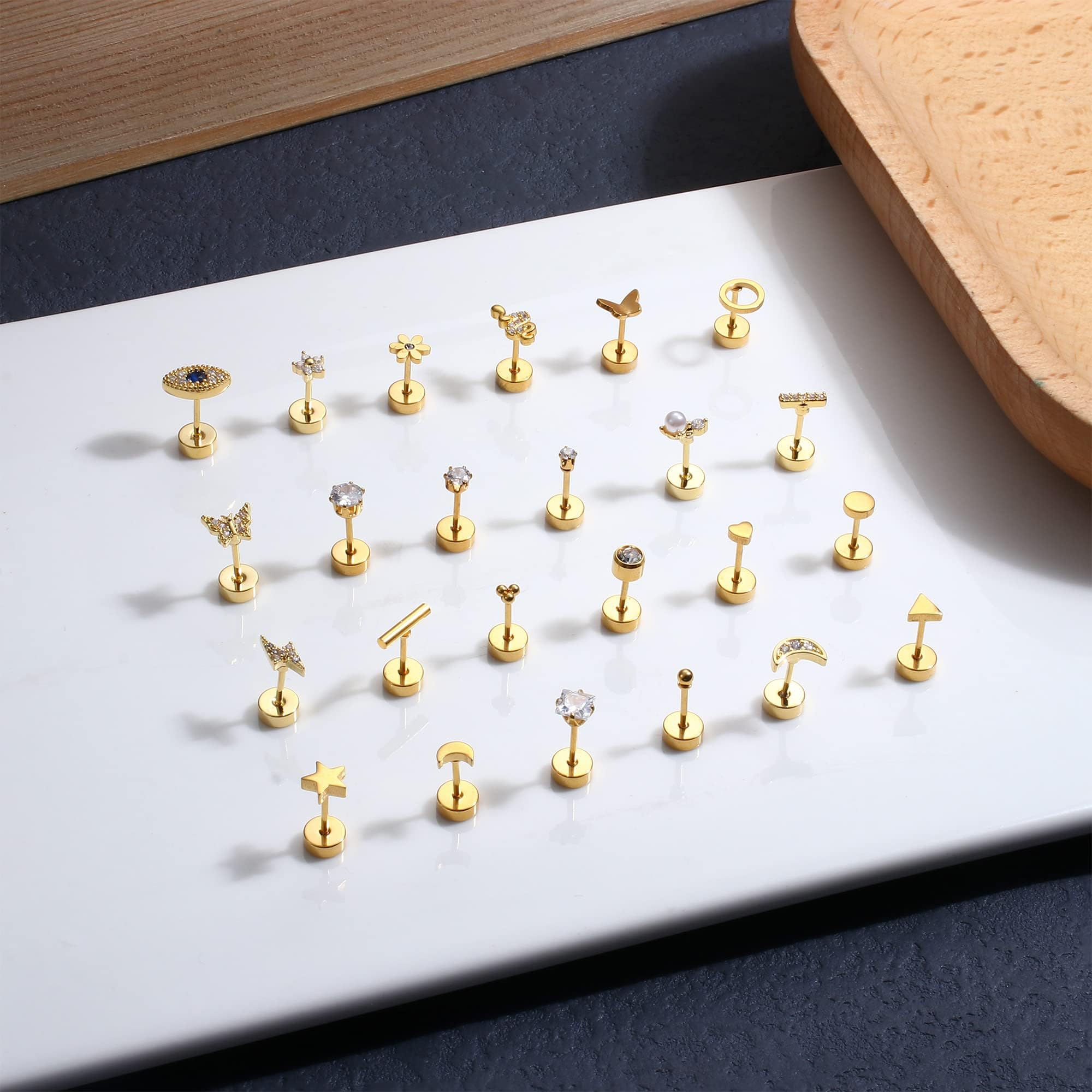 Thunaraz 24Pcs Surgical Steel Stud Earrings for Women Men 20G Tiny Cartilage Earrings Stud Small Snake Moon Star Butterfly Flower Hypoallergenic Screwback Flat Back Stud Earrings Piercing Jewelry