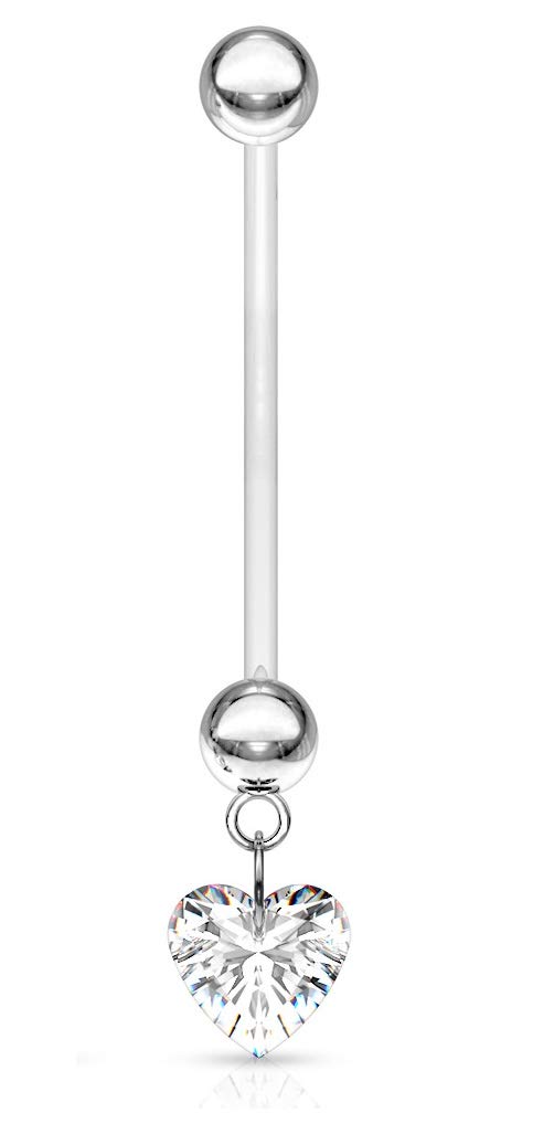 Pierced Owl 14GA Bioflex Dangling CZ Crystal Heart Maternity Pregnancy Belly Button Ring (Clear)