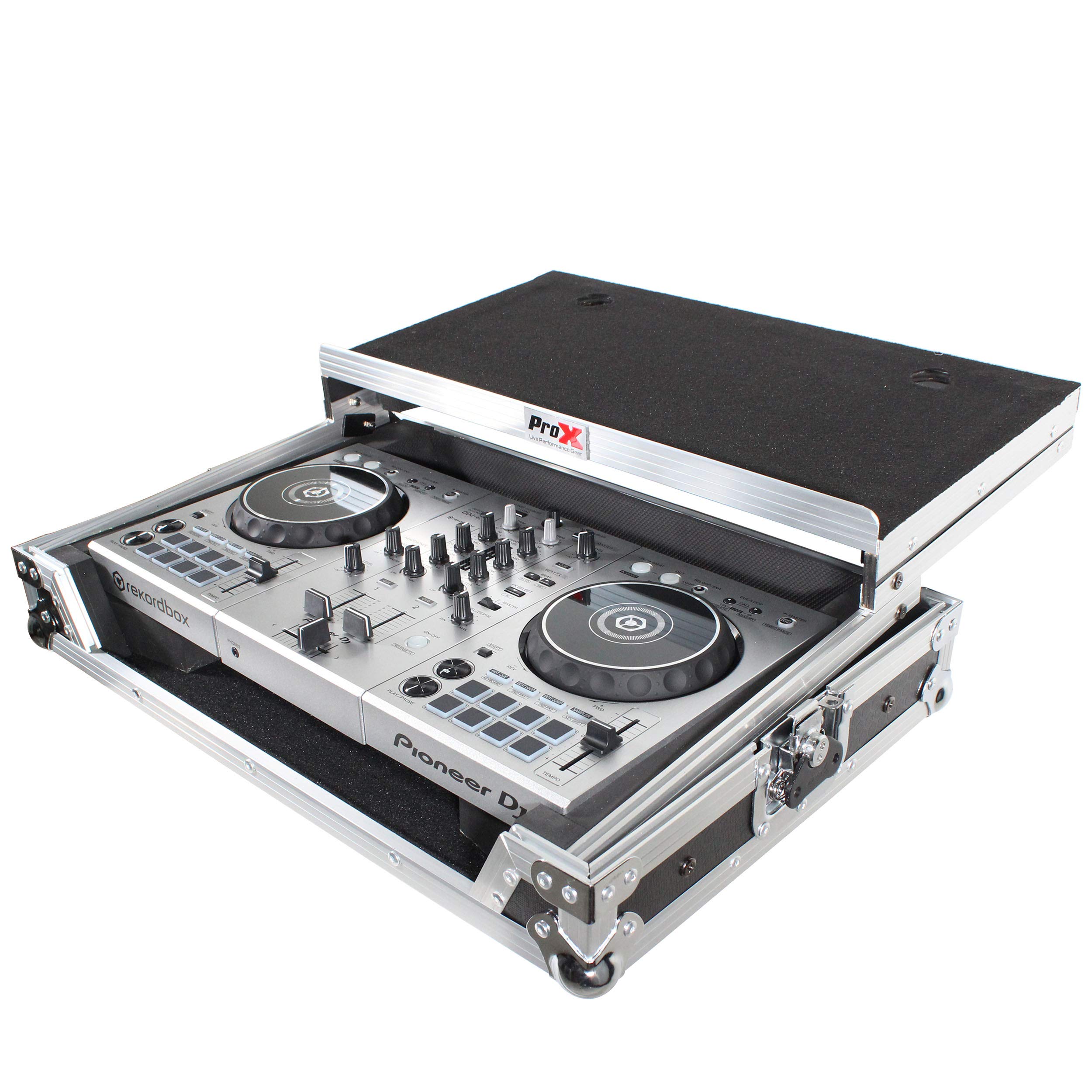 ProX Flight Case for Pioneer DDJ-SB3 & DDJ-400 Digital Controller With Sliding Laptop Shelf - Silver on Black Design - X-DDJSB3 LT