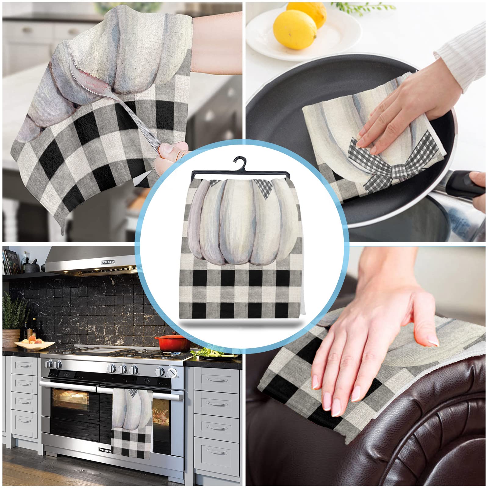 Thanksgiving Grey Pumpkin Kitchen Towels - 4 Pack Microfiber Absorbent Dish Towels for Kitchen, Fall Watercolor Black and White Plaid Farmhouse Kitchen Hand Towels/Tea Towels/Bar Towels 18"x28"