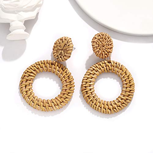 Rattan Earrings for Women Handmade Lightweight Wicker Straw Stud Earrings Statement Weaving Braid Drop Dangle Earring (Rattan Hoop)