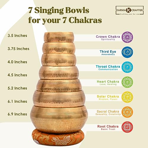 Tibetan Singing Bowl set From 7 Planets, Hand Hammered Design | Meditation Sound Bowl, 7 Chakra bowl, Mallet & Cushion set for Yoga (7 Chakra Set)