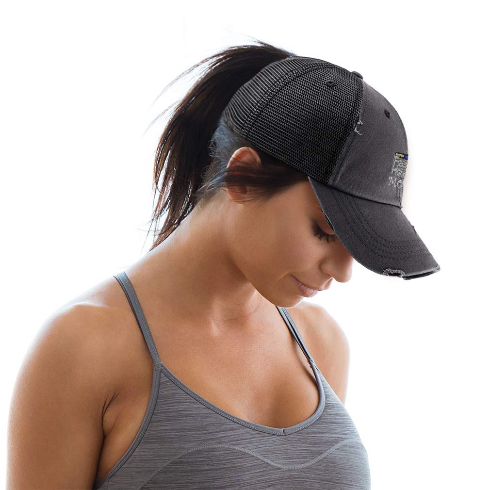 Speedy Pros Womens Ponytail Cap Field Hockey Mom Embroidery Cotton Distressed Trucker Hats Strap Closure Black