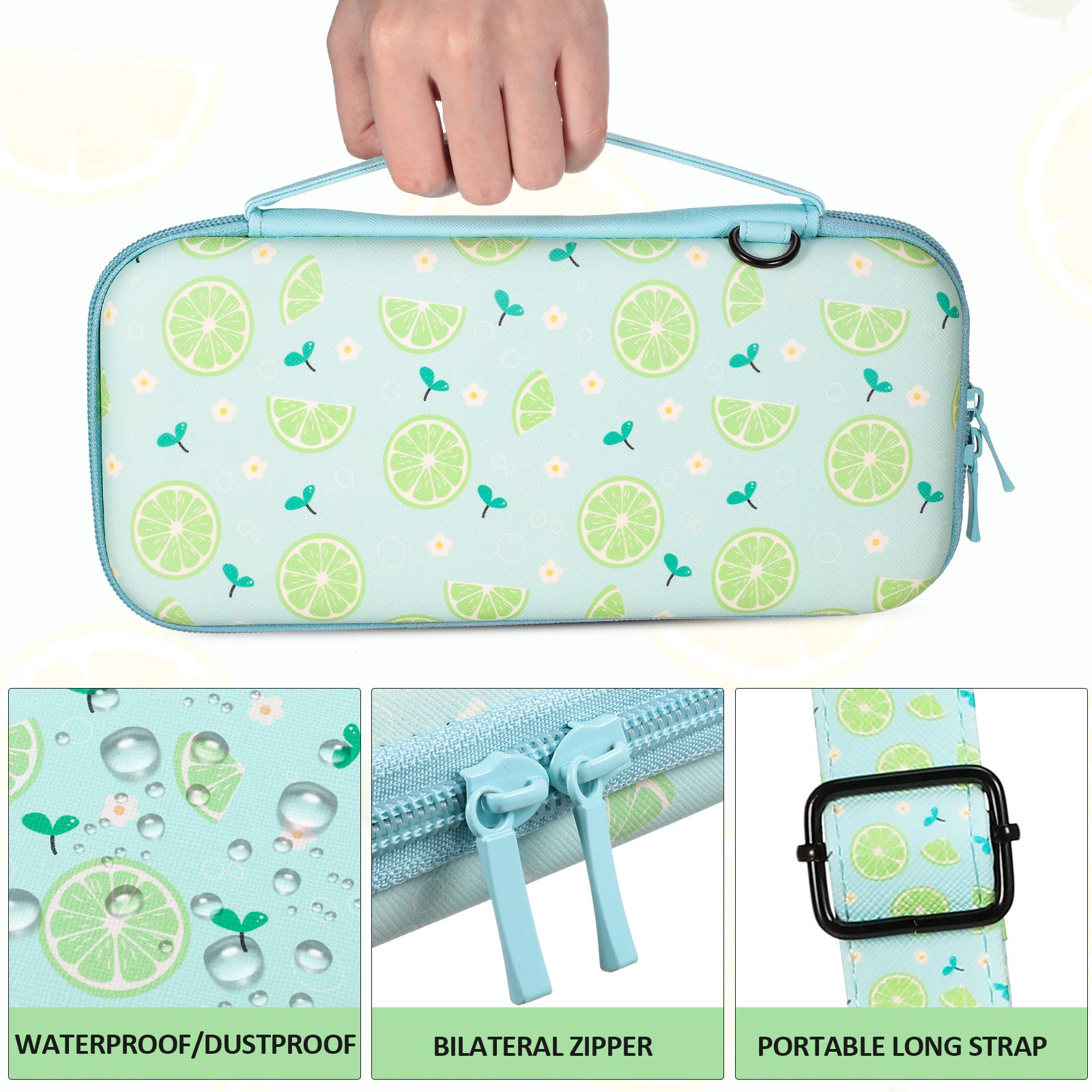 Weewooday Green Lemon Printed Carry Case Compatible with Nintendo Switch Accessories and Hard Shell Protective Case and Screen Protector, 4 Pieces Thumb Grip Covers and Data Cable