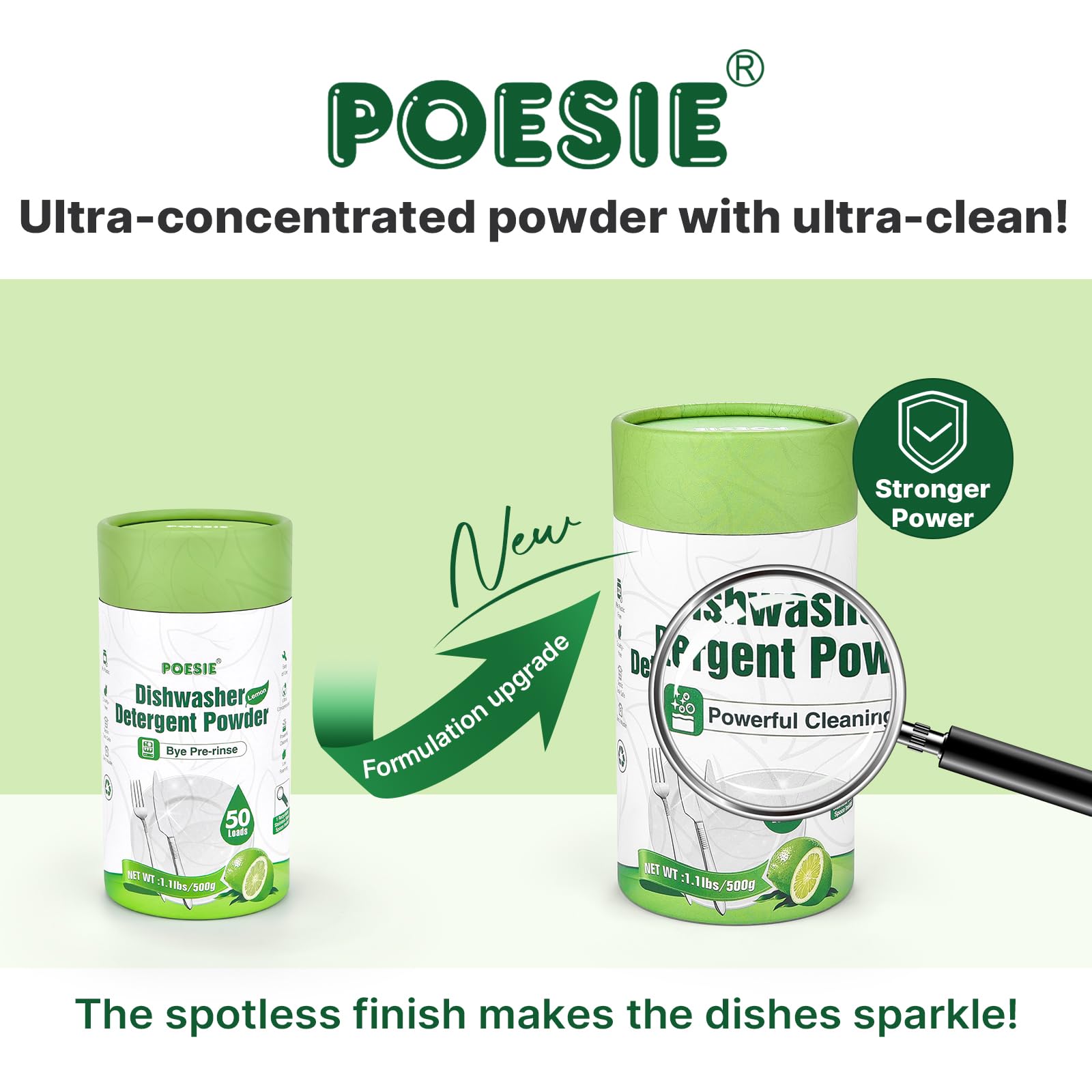 Poesie Upgraded Dishwasher Detergent Powder Lemon Scent 50 Loads, 1.1lbs, Ultra Concentrated, Zero Waste, Easy to Use, Sparkling Clean Dishes Every Time