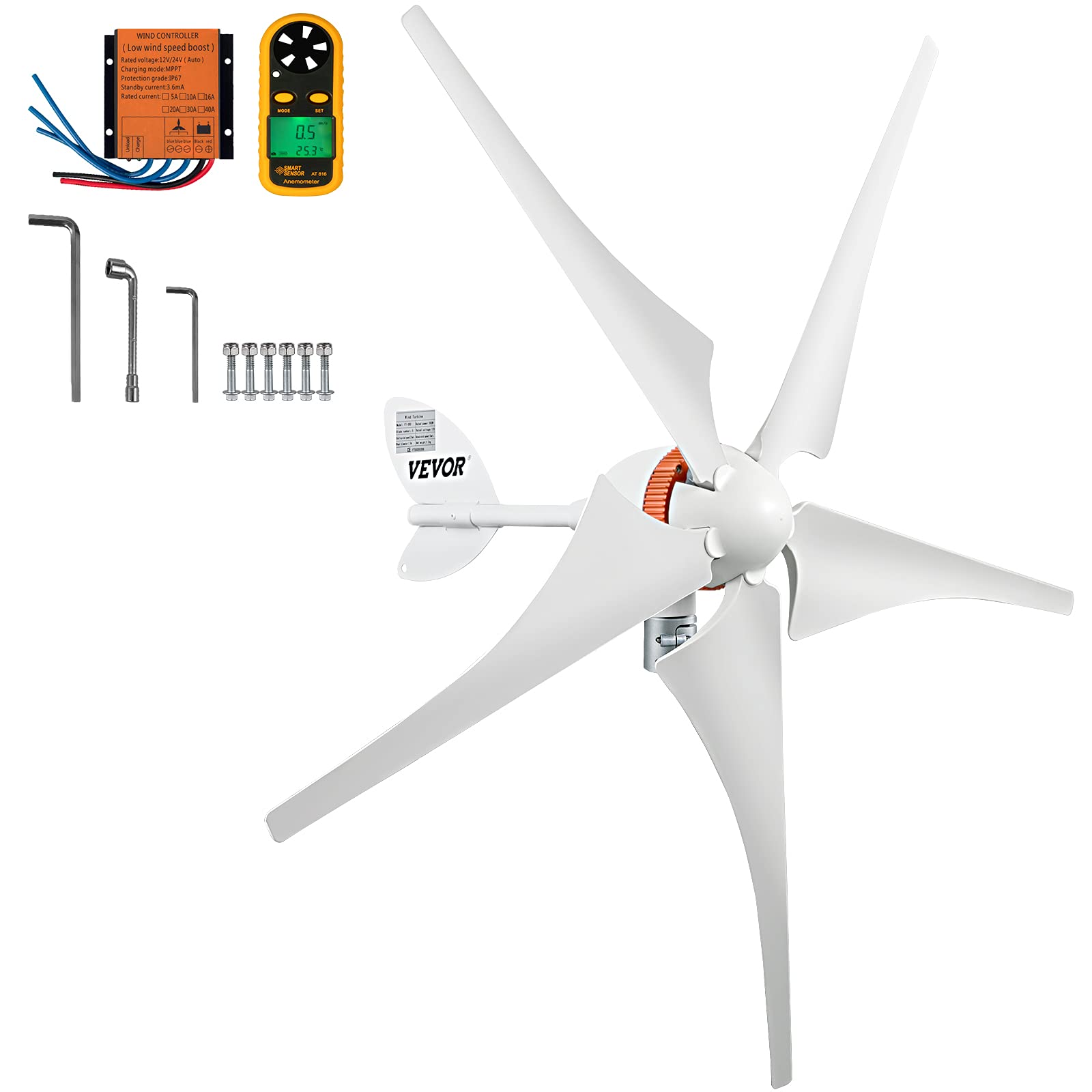 VEVOR, 12V/AC Turbine Kit, 400W Wind Power Generator with MPPT Controller 5 Blades Auto Adjust Windward Direction Suitable for Terrace, Marine, Motor Home, Chalet, Boat, White