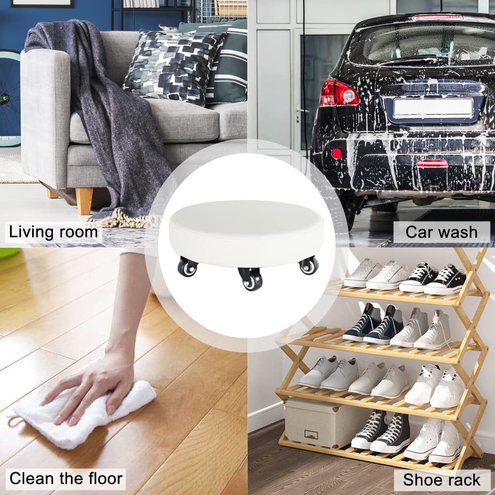WKWKER Modern Roller Seat 360° Rotating PU Leather Rolling Stool Floor Stools with Universal Caster Ottoman Step Stools Fitness Sport H:4.7" Swivel Wheels for Home Garage Shop (Black)