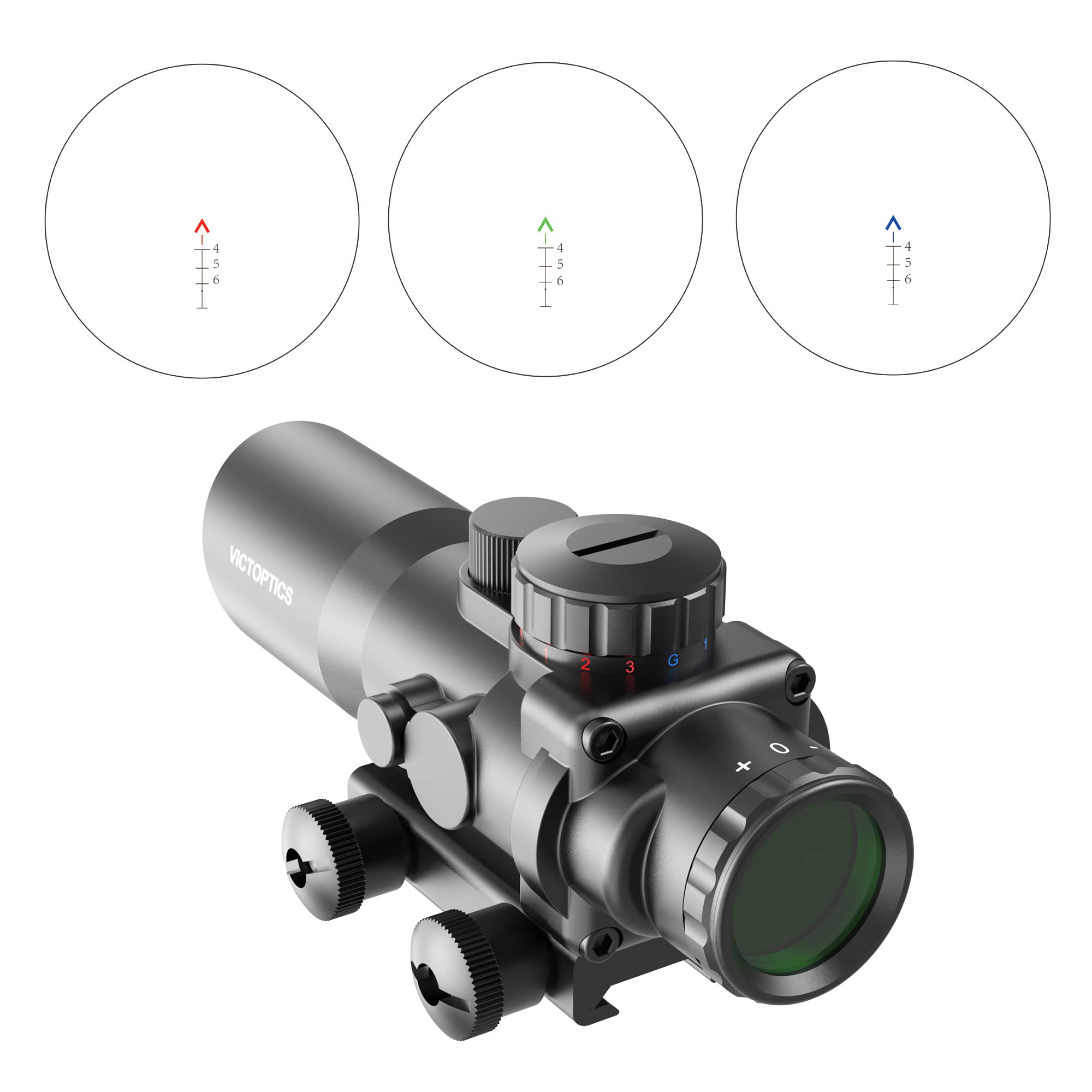VICTOPTICS 4x32 Tactical Rifle Prism Scope, Red Green Blue Illumination, Fully Multi-Coated, Etched Chevron Reticle Hunting Guns Scope, 1/2 MOA Adjust, Build-in Picatinny Mount