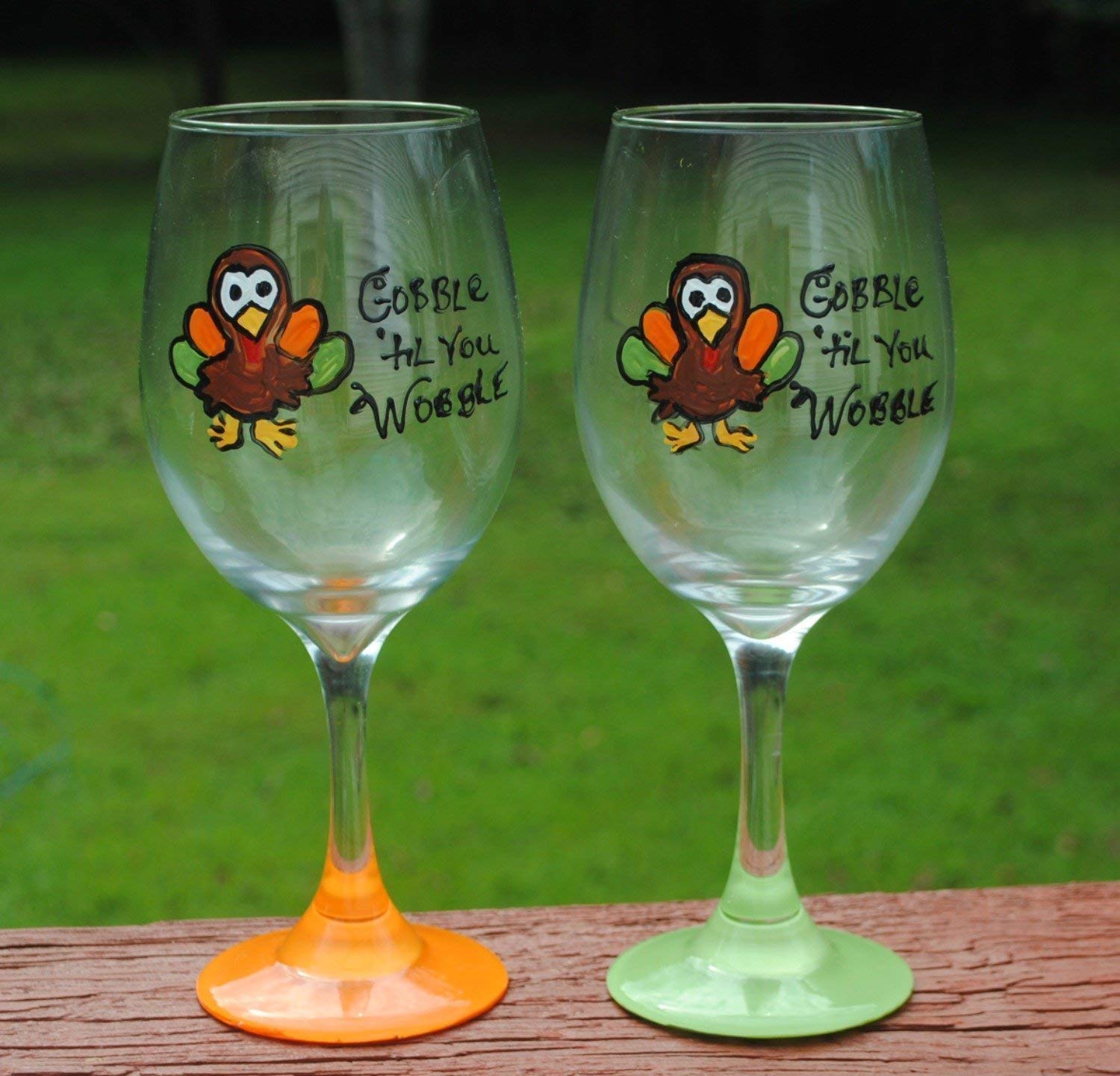 Thanksgiving Turkey Orange Green Gobble Til You Wobble Hand Painted Wine Glasses Set of 2