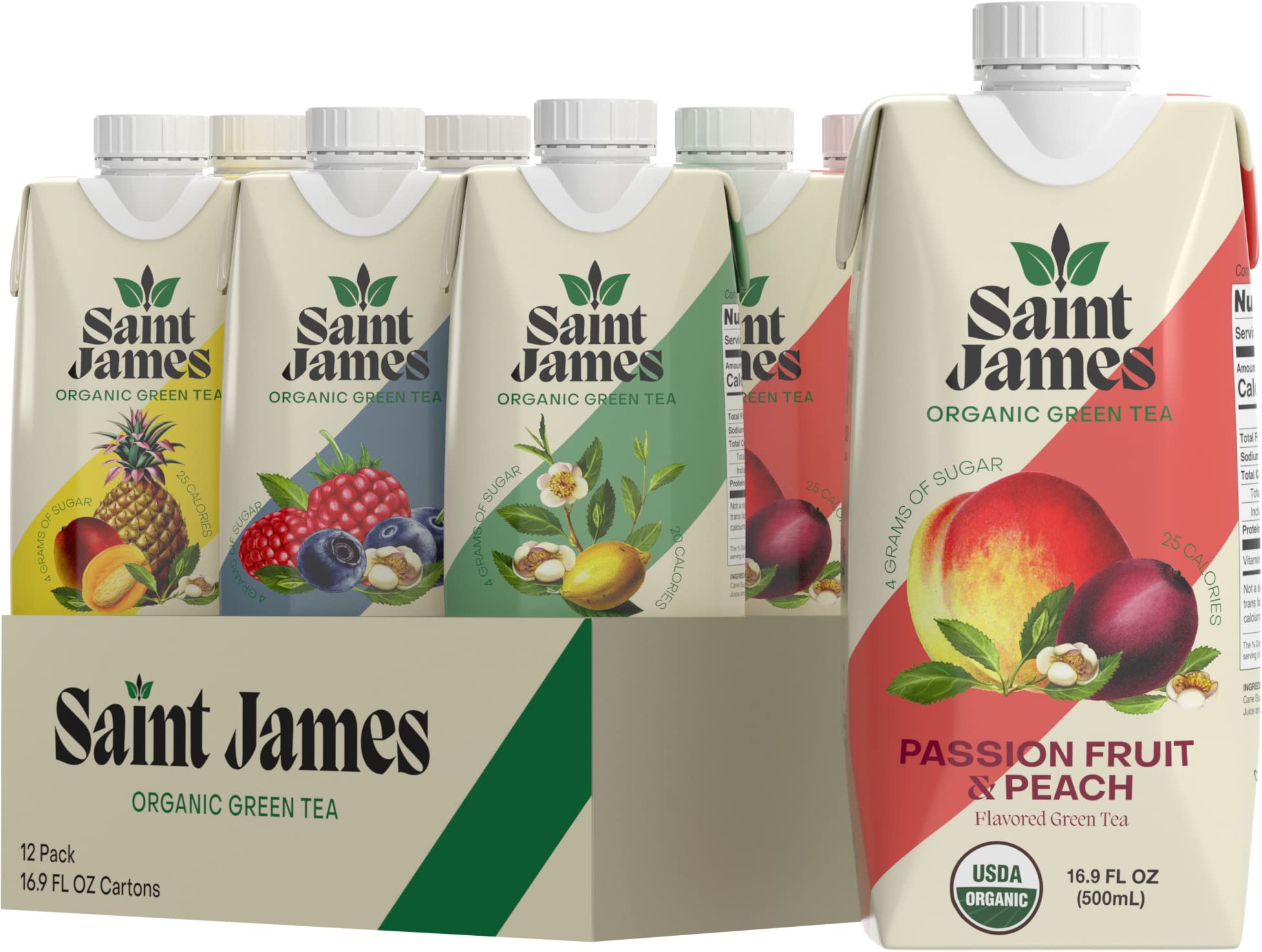 Saint James Iced Tea | Organic Green Tea | Organic, Non-GMO Green Tea, 12 Pack (16.9oz each) (Variety)