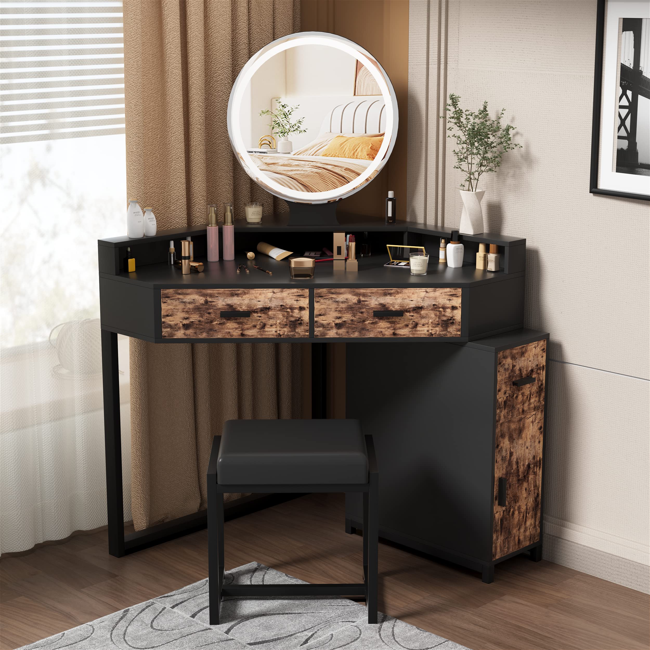 PAKASEPT Corner Vanity Set with Lighted Mirror, Makeup Dressing Table with Drawers, Cabinet and Cushioned Stool, Girls Vanity Desk for Bathroom, Bedroom
