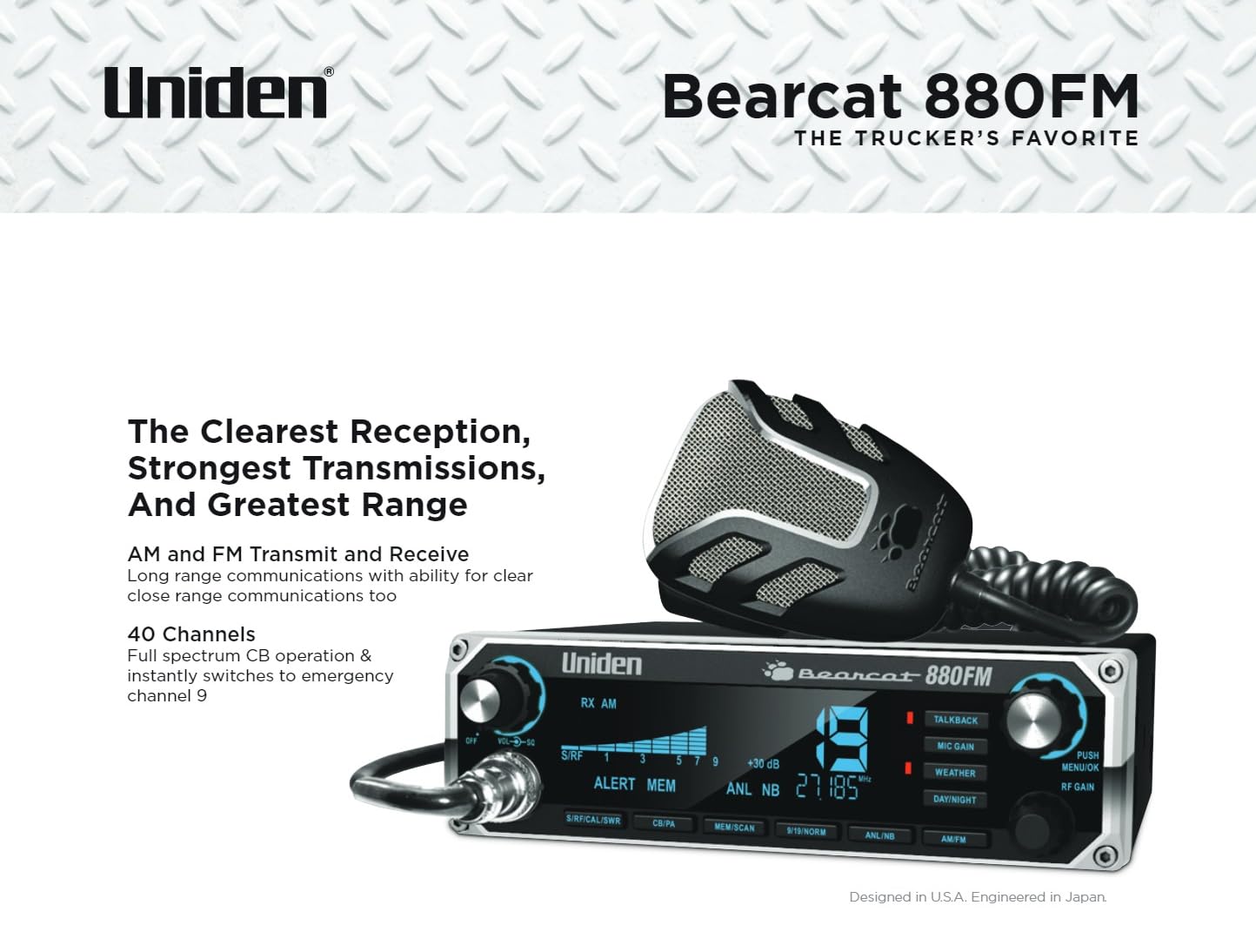 Uniden Bearcat 880FM CB Radio, 40 Channels with Dual-Mode AM/FM, Large Easy-to-Read Backlit 7-Color LCD Display, Backlit Knobs/Buttons, NOAA Weather Alert, PA/CB Switch, and Wireless Mic Compatible