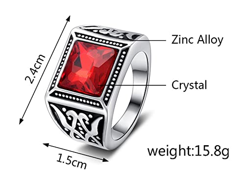 yihan jewelry Unisex Retro Square Diamond Cut Face Red Crystal Band Ring Antique Silver Plated Vintage Patterns Gem Joint Rings Valentine's Day gift (10)