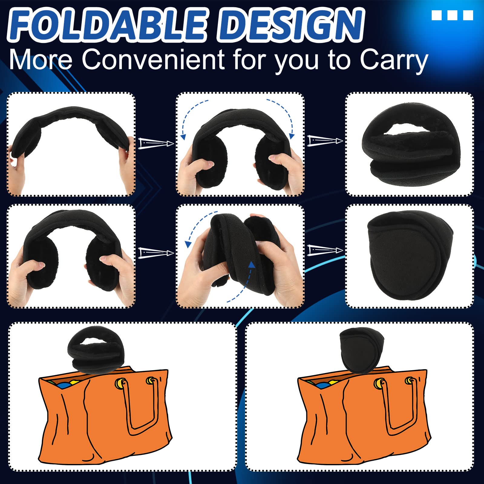 Winter Ear Muffs Unisex Foldable Ear Muffs Winter Ear Warmers Fleece Knits Behind the Head Ear Covers for Women Men Cold Weather (Black, 3 Pack)