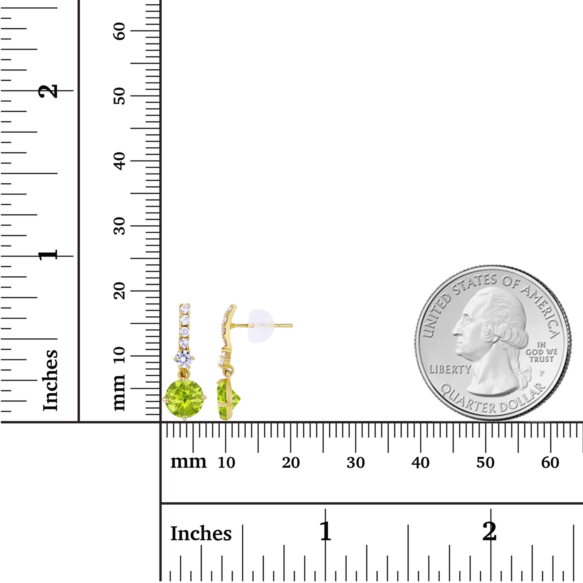 Solid 14K Yellow Gold 6mm Natural Green Peridot August Birthstone Dangling Stud Earrings For Women & 1mm Created White Sapphire Bridal Dangling Earrings For Women
