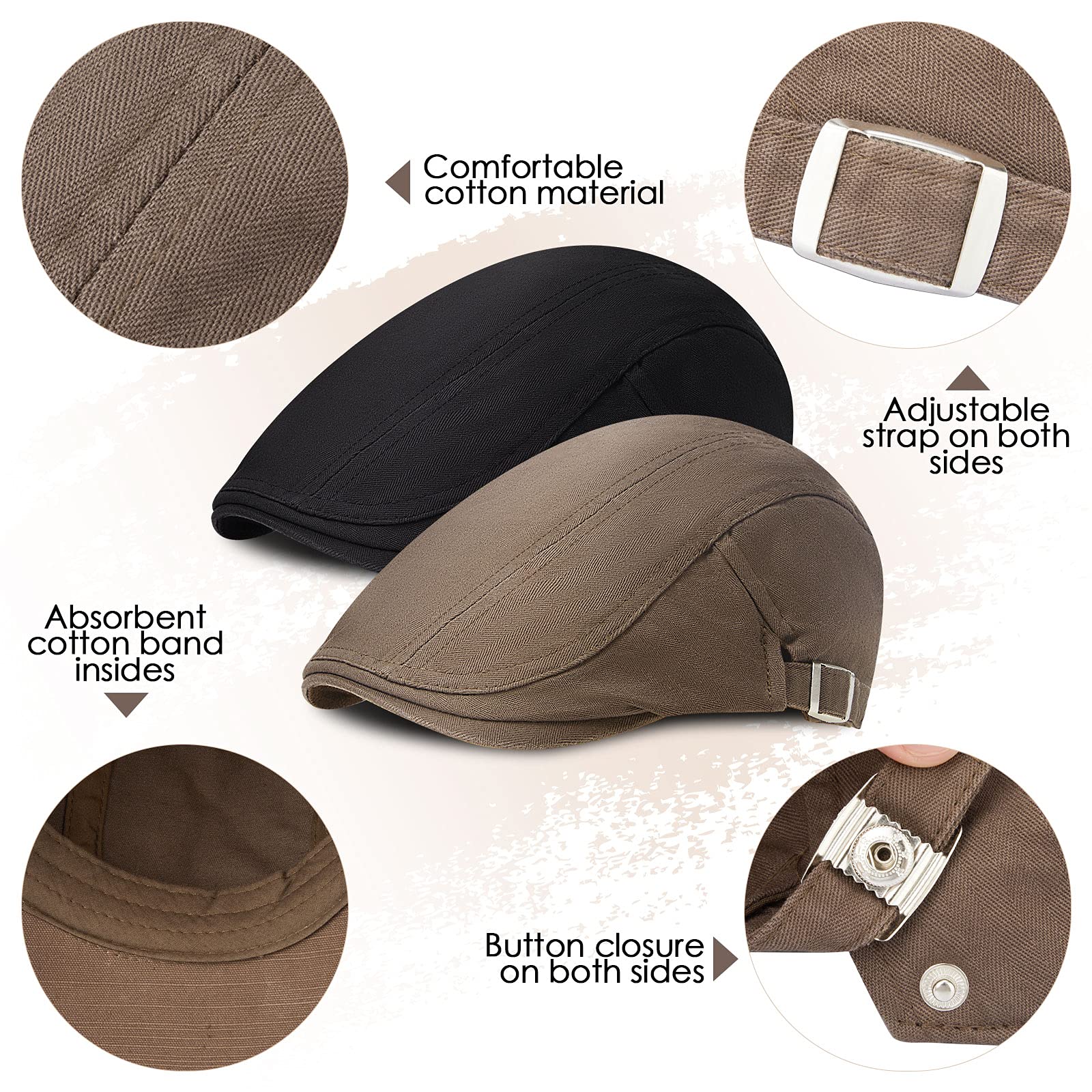 SATINIOR 3 Pieces Mens Newsboy Flat Cap Newsies Hat Adjustable Ivy Cadet Cabbie Cap (Black, Grey, Coffee), Medium