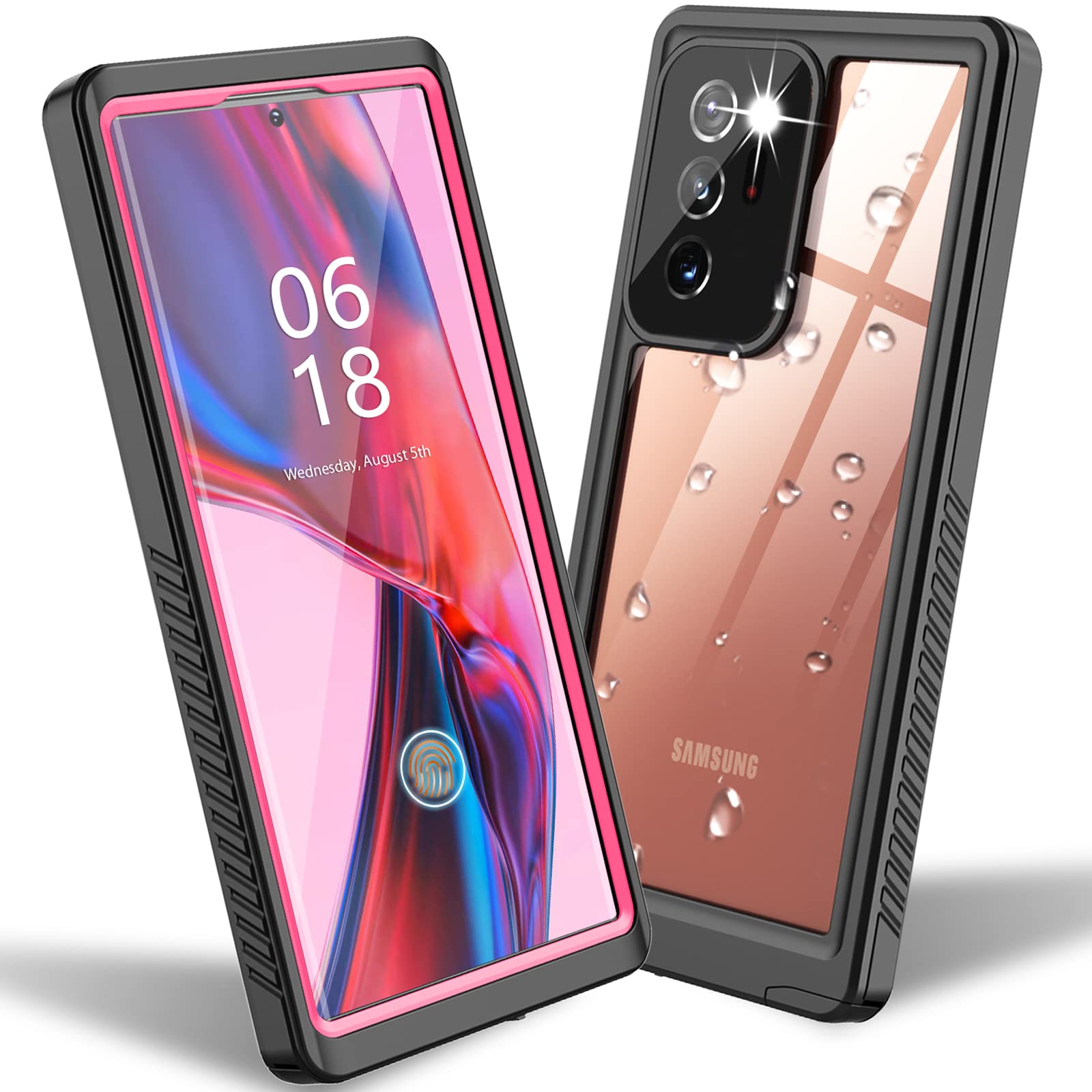Pakuya for Samsung Galaxy Note 20 Ultra Case Waterproof, Built in Screen Protector, Full-Body Protection Heavy Duty Shock-Proof Cover Waterproof Case for Galaxy Note 20 Ultra 6.9'' 5G(Rose Red/Clear)