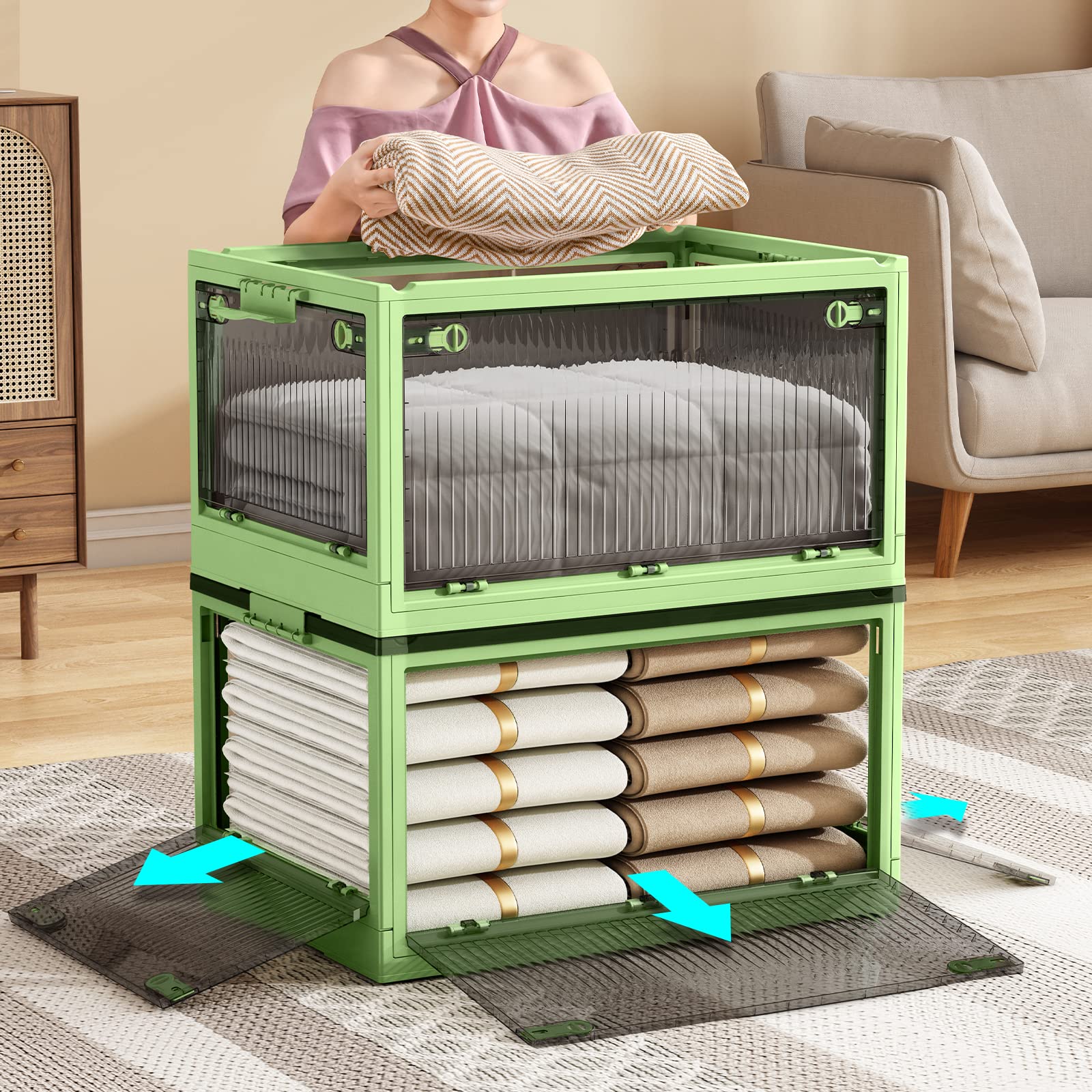 submatches Collapsible Lided Storage Box,Transparent Plastic Folding Box with 5 Doors Opening,54L Stackable Folding Bins with 4 Wheels,Green,1 Pack