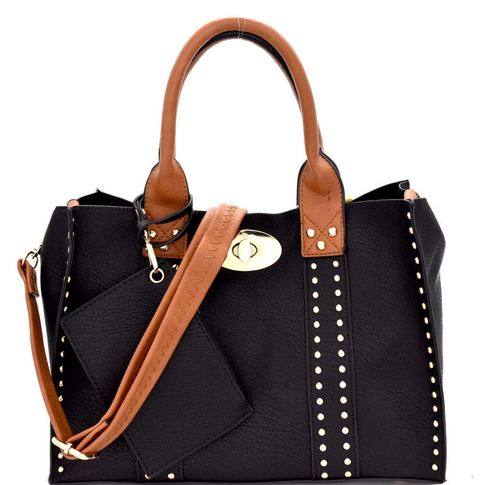 Twist Lock Studded 3 in 1 Soft Structure Plain & Ostrich Vegan Leather Tote Purse Handbag with Crossbody SET (Plain Vegan Leather - Brown/Coffee) Medium