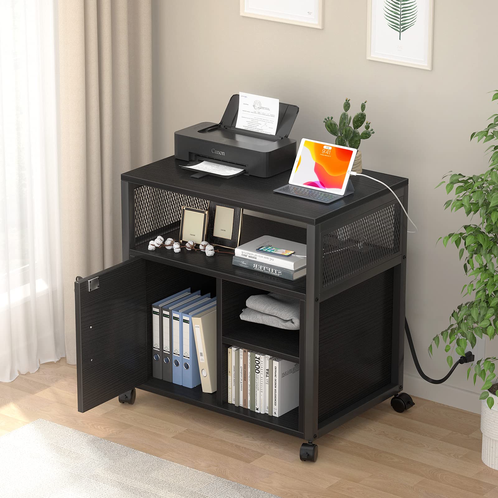 Unikito File Cabinet with LED Lights, Lateral Filing Cabinet with Power Outlets and USB Charging Ports, Mobile Printer Stand with Storage, Office Cabinet for Letter, A4, Legal and File Folders, Black