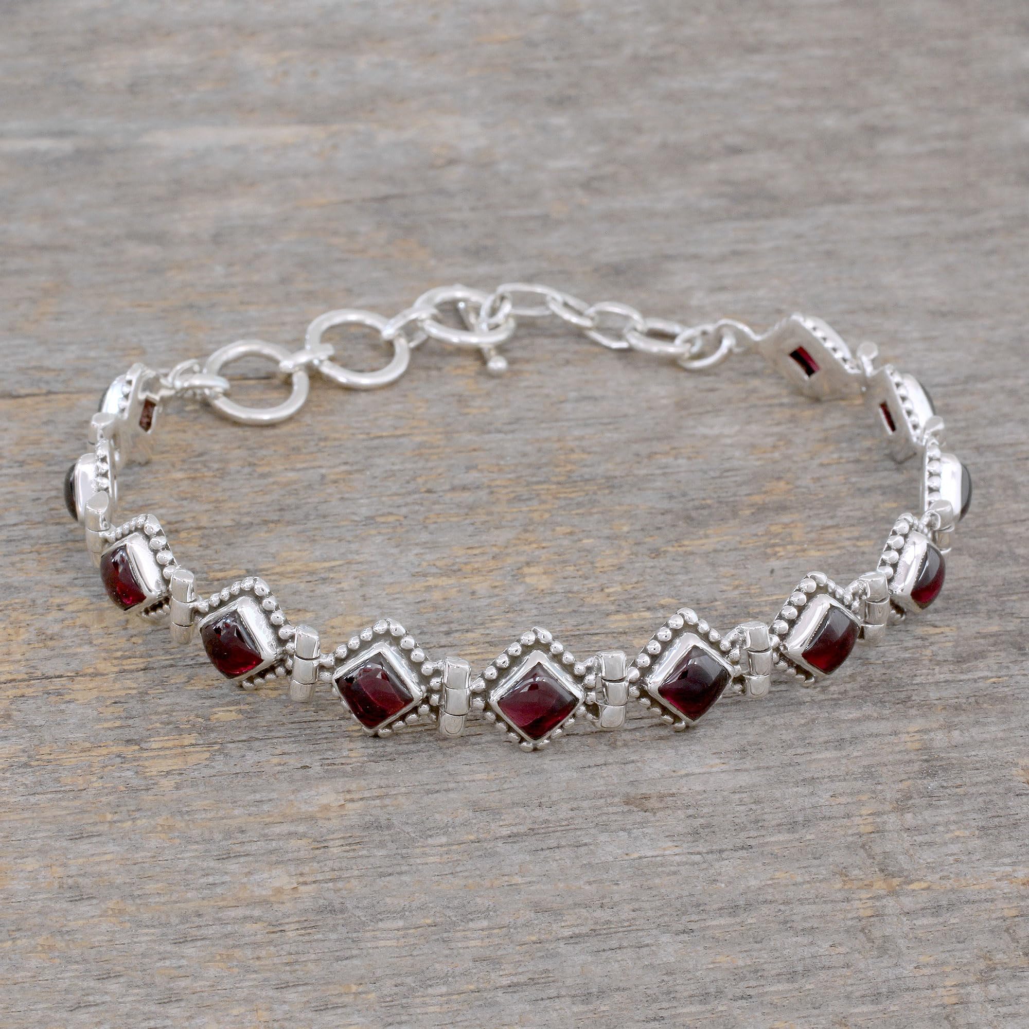 NOVICA Artisan Handmade Garnet Tennis Bracelet Red Artisan Crafted India Silver Sterling Style Birthstone [7.75 in min L x 8.5 in max L x 0.4 in W] ' Deep Red Diamonds'