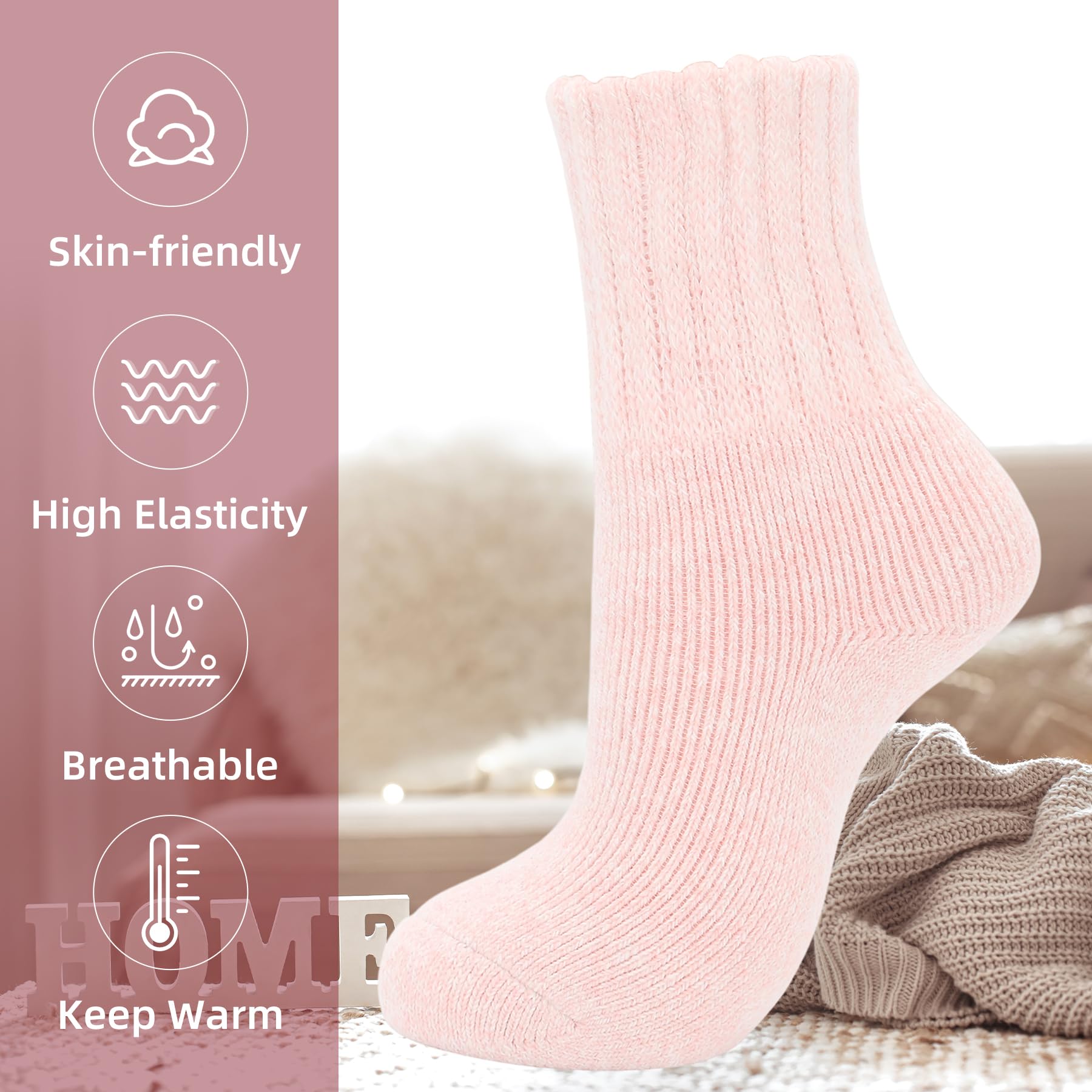 Zando Womens Merino Wool Socks for Women Long Thick Socks Winter Warm Cozy Socks Cute Boot Crew Socks Women's Athletic Running Cycling Hiking Sock Light Pink