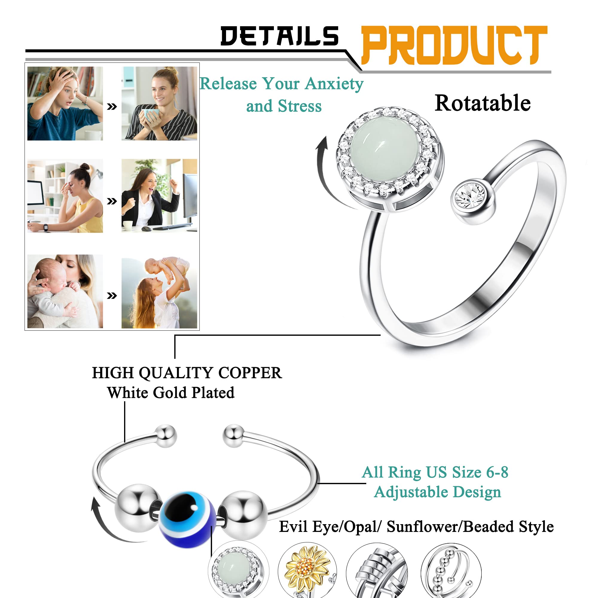 ZELORES 8Pcs Adjustable Fidget Rings for Anxiety White Gold Plated Beads Flower Evil Eye Ring Set Anti Anxiety Ring For Women
