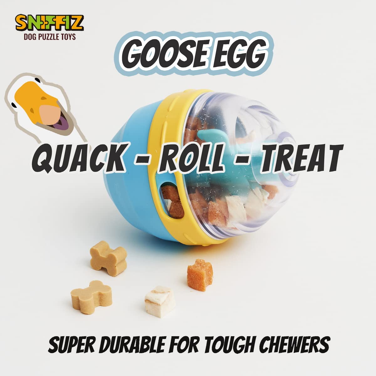Quacking GooseEgg Treat Dispensing Ball for Small Dogs - Squeaky Interactive Durable Food Toy - Enrichment Mind Stimulating Puzzle Game