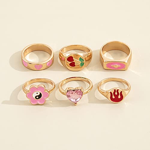 YOOESTORES82 Cute Gold Knuckle Ring Set Heart Yin Yang Stackable Rings Rhinestone Flower Multiple Flame Midi Finger Ring Sets for Women Girls (A)