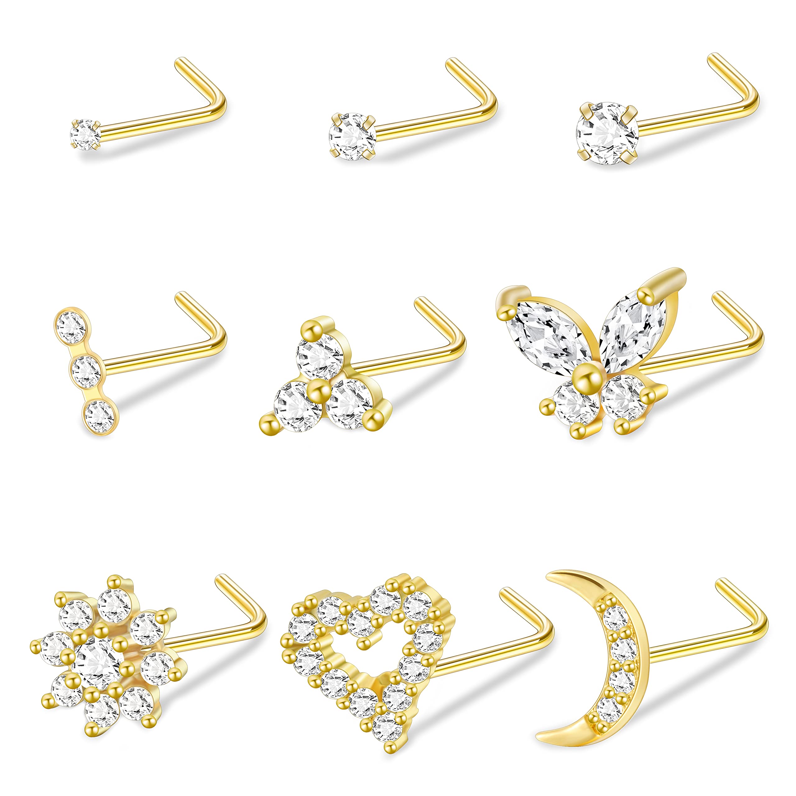Zankulas Nose Piercings Jewelry Studs Heart Nose Ring L Shaped with Flower Butterfly Elements 20G Gold