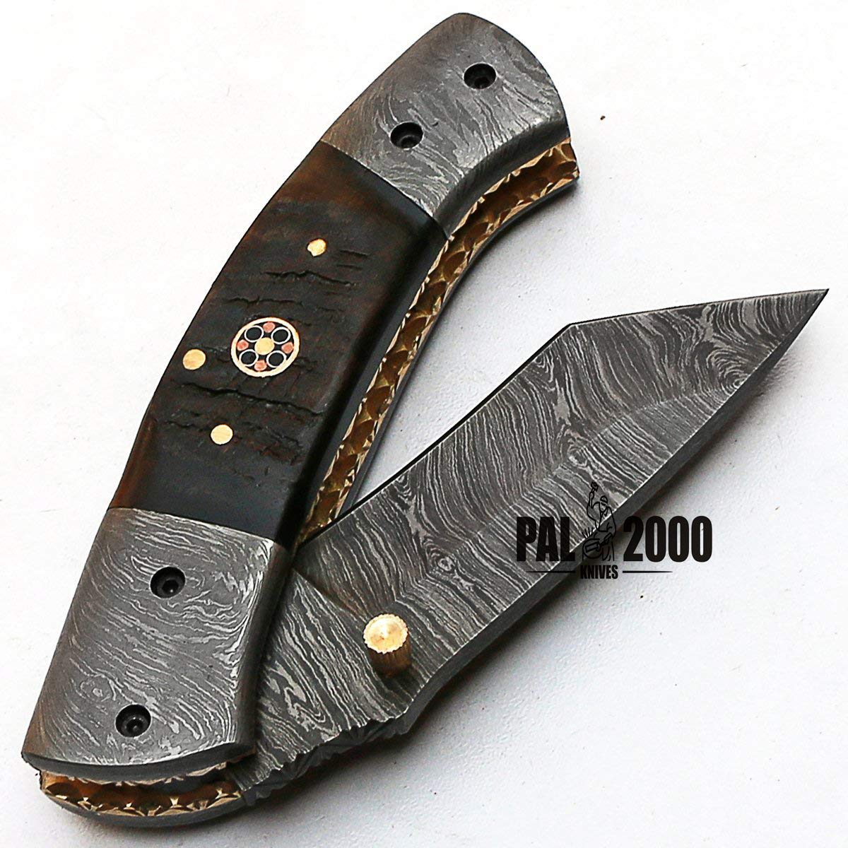 PAL 2000 KNIVES REG-8851 Custom Handmade Damascus Steel Folding Ram Handle Knife With Sheath