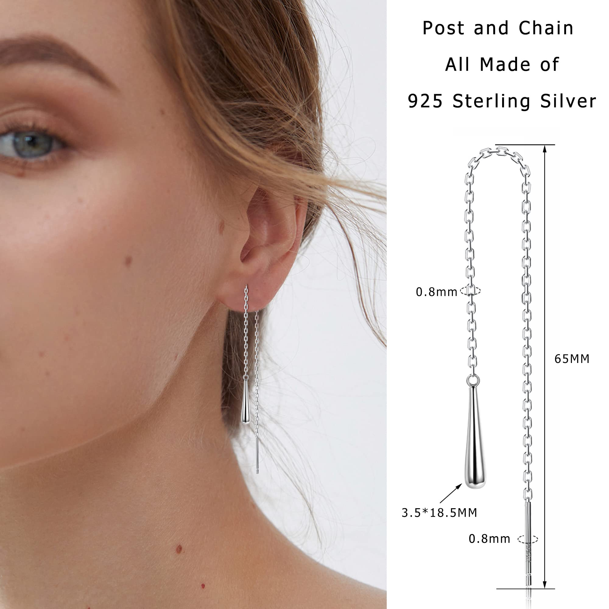 ZELORES 925 Sterling Silver Threader Earrings CZ Droplet Tassel Chain Earrings Silver Long Dangle Earrings for Women