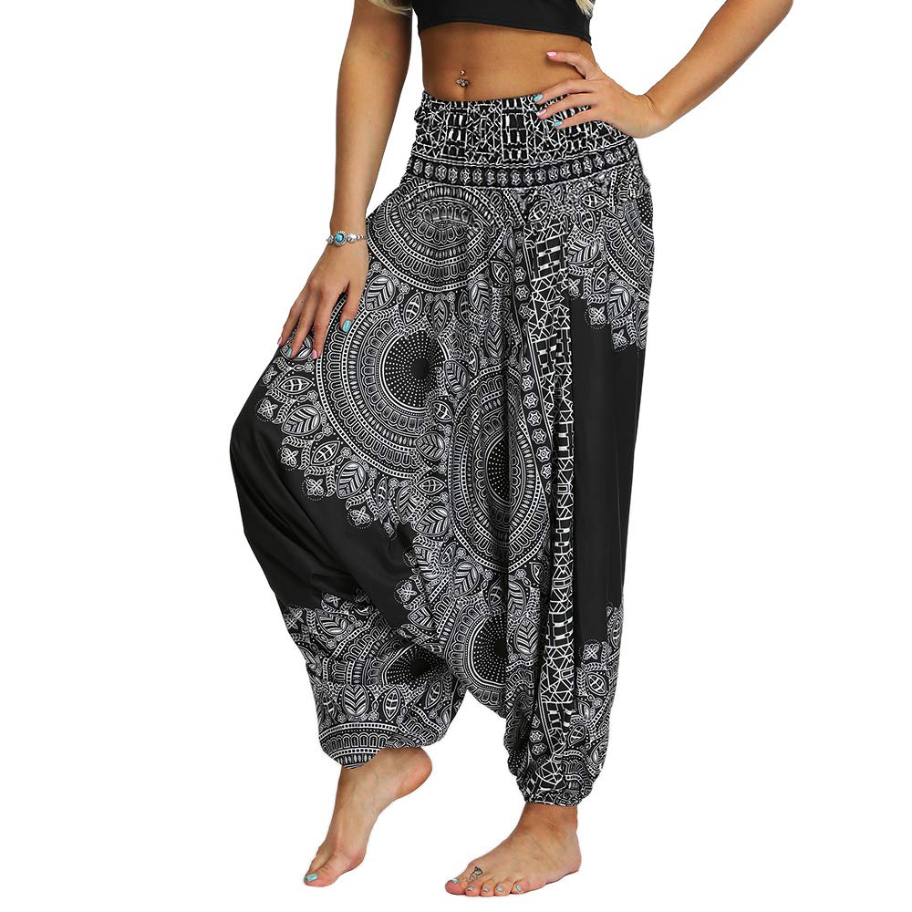 Xixiuly Women's Drop Crotch Hippie Harem Pants Boho Pattern High Waist Baggy Yoga Trousers Lounge Beach Brown ONE Size