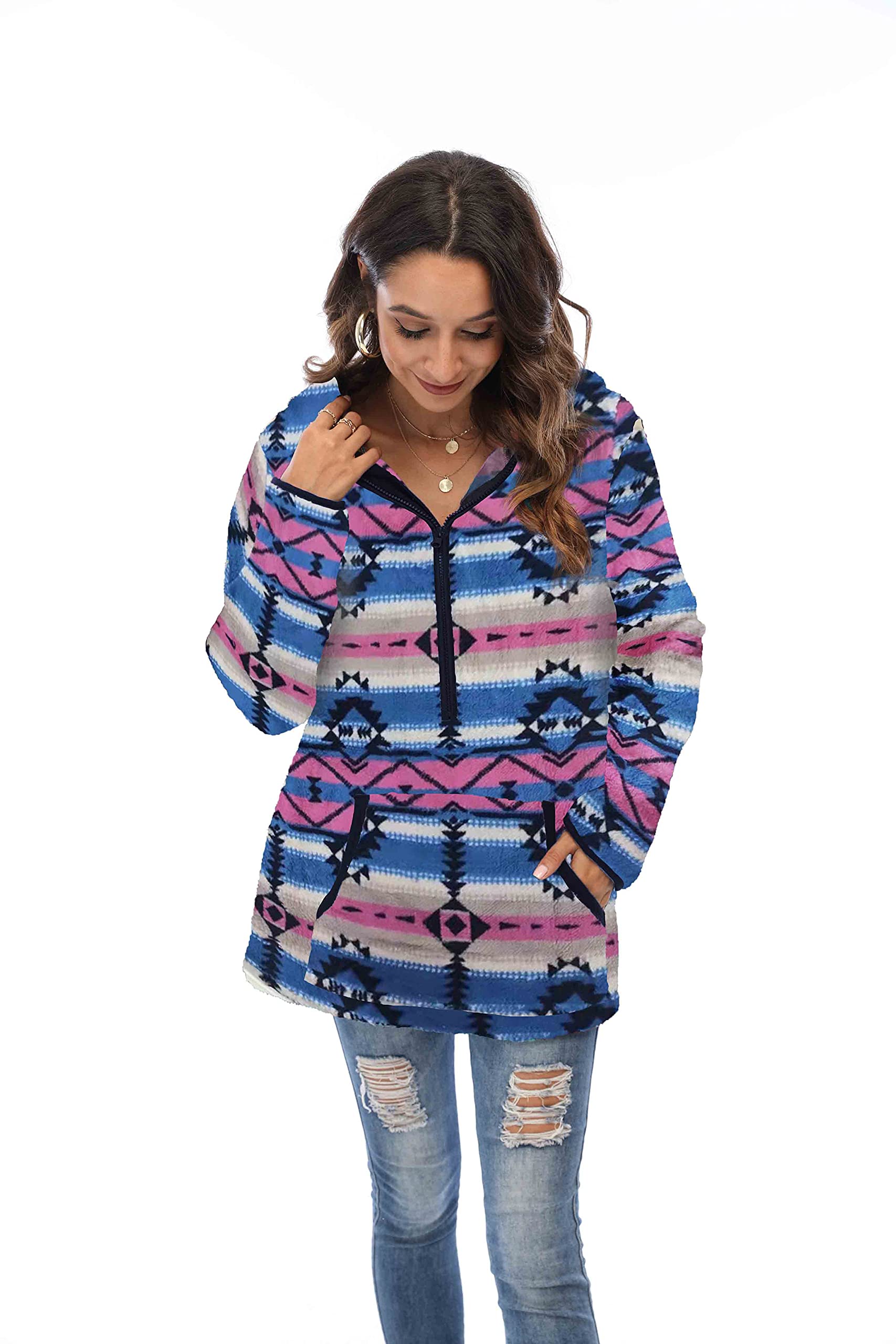 Voopptaw Aztec Sweaters for Women Casual Fuzzy Pullover Long Sleeves Zipper Sweatshirt Winter Loose Fit Coat with Pockets Pink S