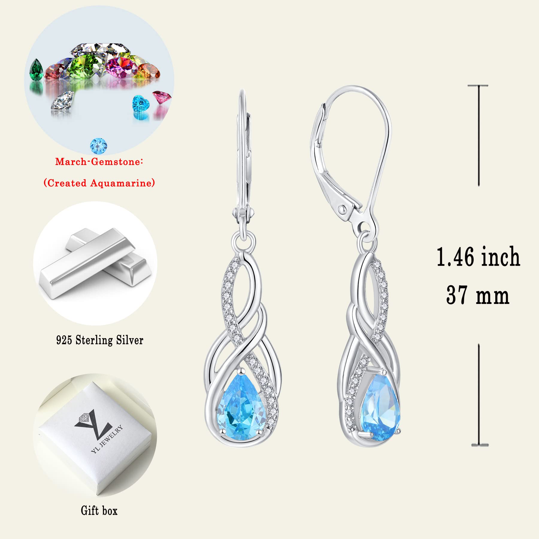YL Infinity Earrings 925 Sterling Silver Twist Dangle Drop Earring Created Aquamarine Celtic Knot Leverback Jewelry for Women