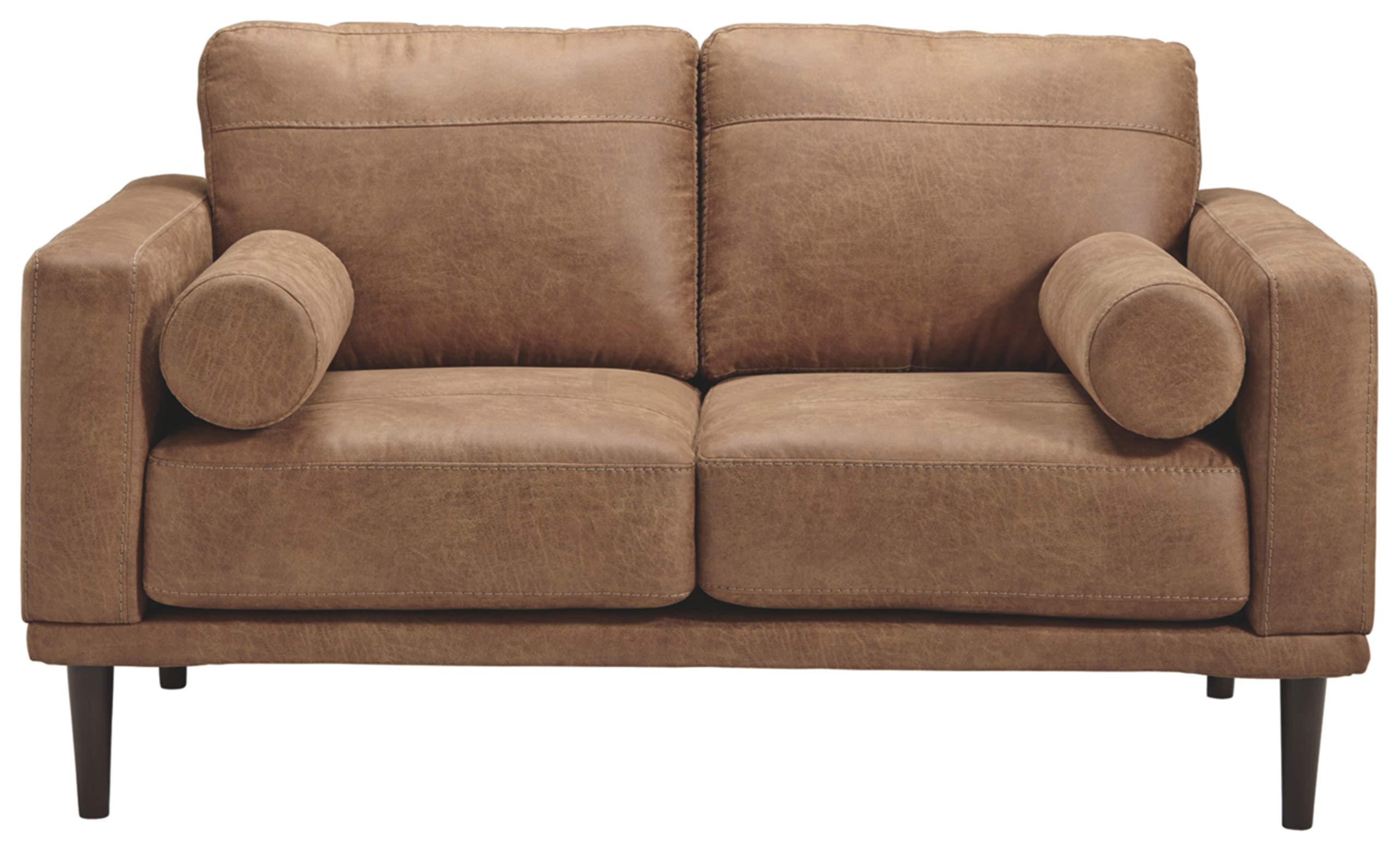 Signature Design by Ashley Arroyo Mid Century Modern Faux Leather Loveseat, Caramel Brown