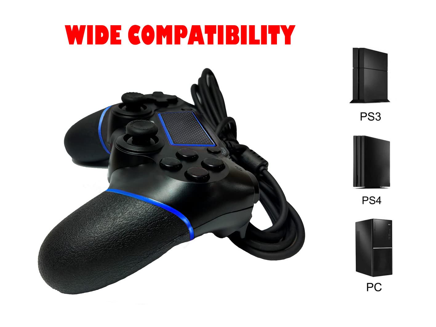 Wintek Inone PS-4 Wired Controller for PS-4/Pro/Slim/PC/Laptop, USB Plug Gamepad Joystick with Dual Vibration and Anti-Slip Grip, Professional USB PS-4 Wired Gamepad（Black & Blue）