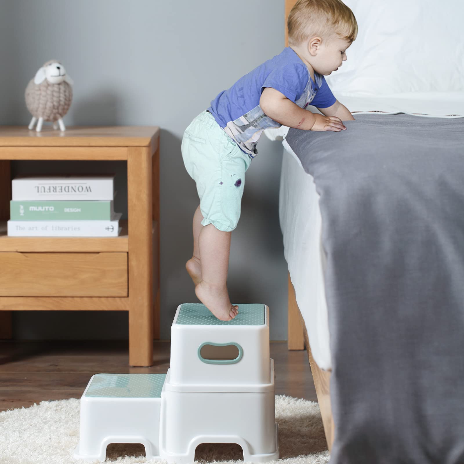 Victostar 2 Step Stool for Kids, Anti-Slip Sturdy Toddler Two Step Stool for Toilet Potty Training, Bathroom,Kitchen (Green-White)