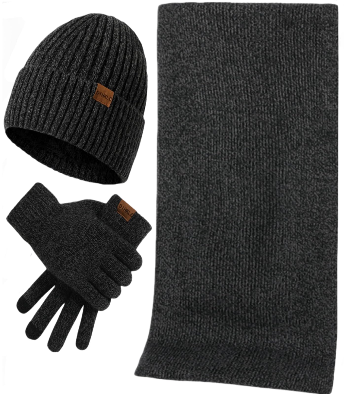 Winter Hat Scarf Glove set for Men Men's 3 Pcs Touchscreen Anti-Slip Gloves Knit Stretchy Beanie Hat and long Scarf Set(Dark gray)