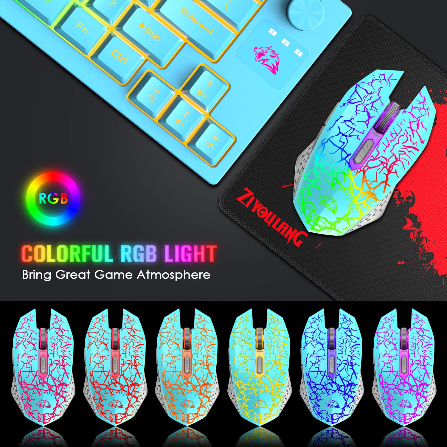 ZIYOU LANG T50 Wireless Gaming Keyboard and Mouse Combo Mini Portable with Cool RGB Backlit Ergonomic 64Key TKL Rechargeable 4000mAh Battery Anti-ghosting Media Knob for PC Mac Gamer(Black)