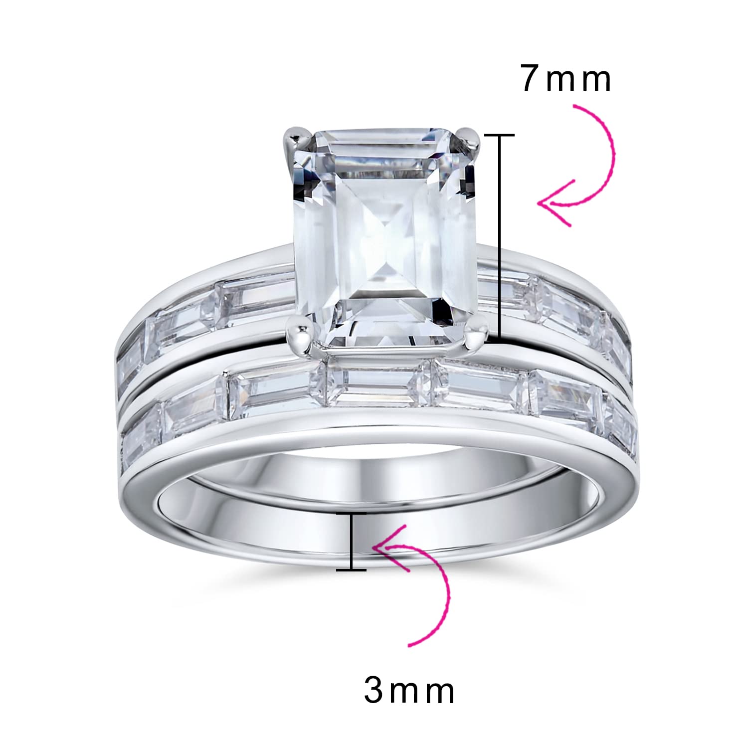 Personalize Traditional Art Deco Style 2CT Emerald Cut Baguette Wedding Band AAA CZ Anniversary Engagement Ring Set For Women .925 Sterling Silver Customizable