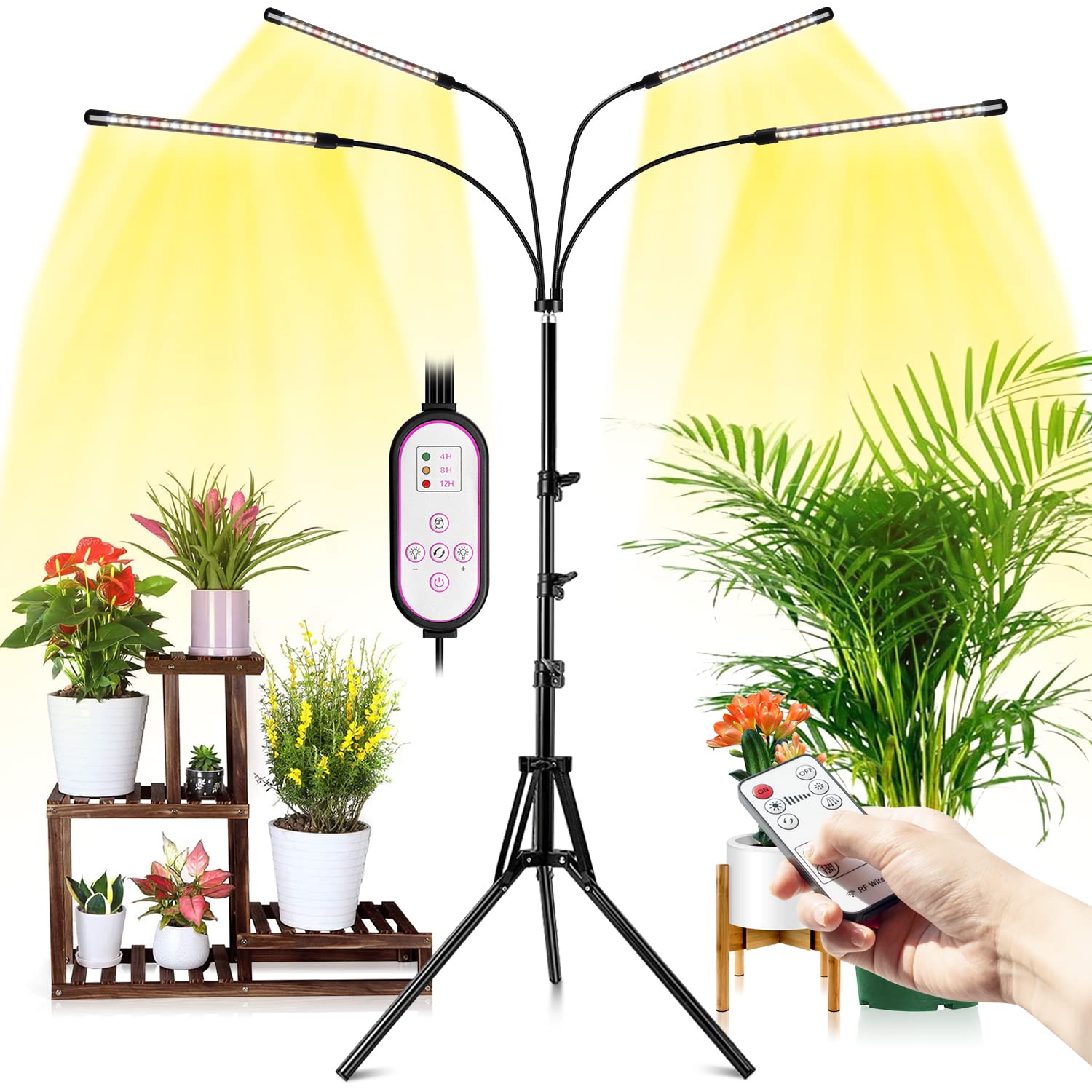 wolezek Grow Lights for Indoor Plants, 4-Head Full Spectrum LED Grow Light with Adjustable Tripod Stand 15-61 inches for Seed Starting, 3500K 6500K 660nm White Red Floor Plant Lamp with 4/8/12H Timer