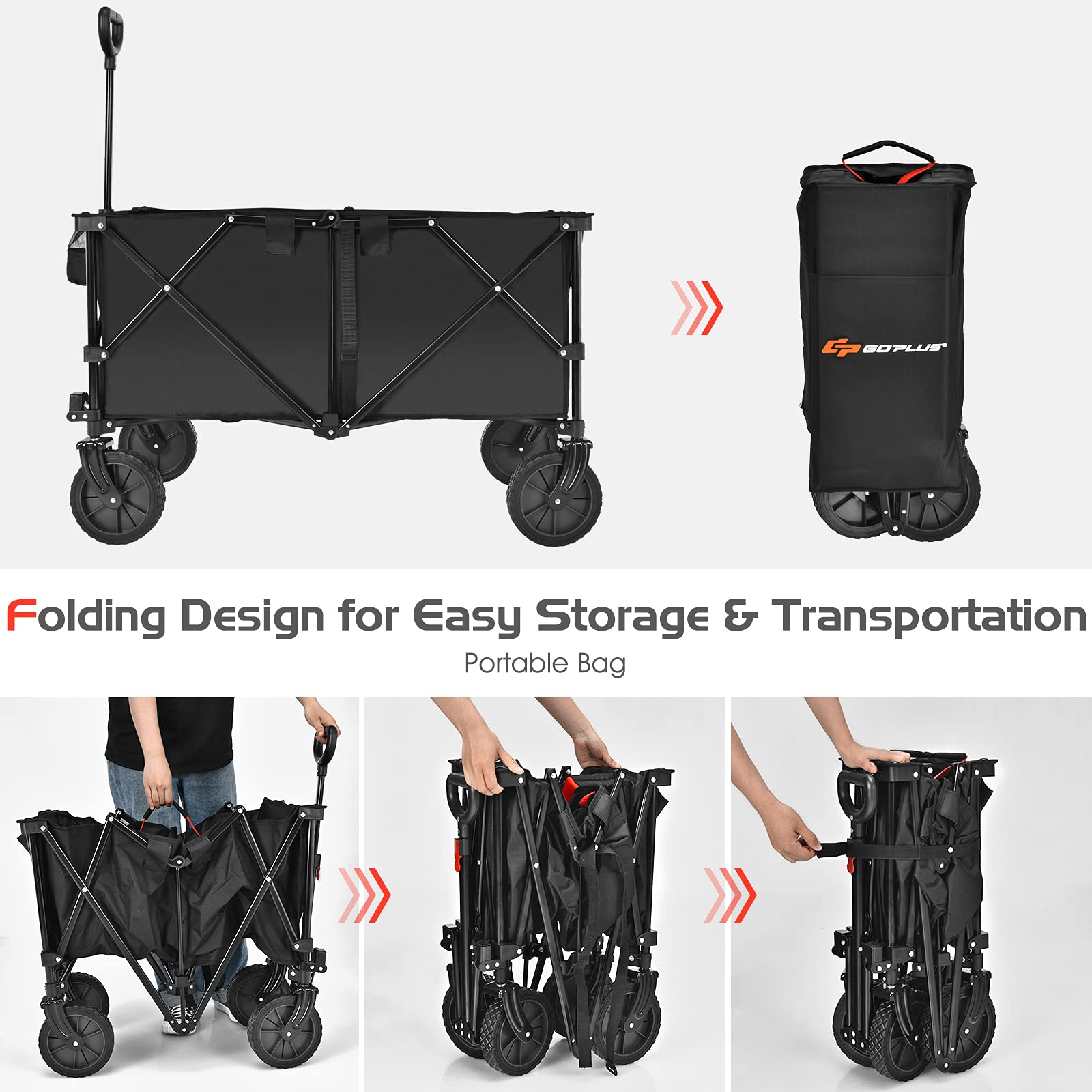 S AFSTAR Folding Wagon Cart, Collapsible Garden Wagon w/Adjustable Handle & Universal Wheels, Heavy Duty Folding Utility Cart for Agricultural Material Toy Grocery, Load Capacity up to 180Lbs (Black)