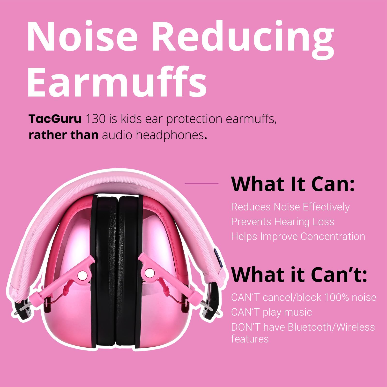 TacGuru 130 Kids Hearing Protection Safety Earmuffs - Passive Noise Reducing Ear Protection for Kids - Gemstones Edition, Spinel Pink