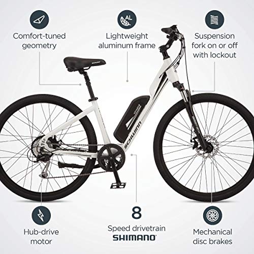 Schwinn Voyageur Electric Bike, Hub-Drive, Large Step-Through Frame, White